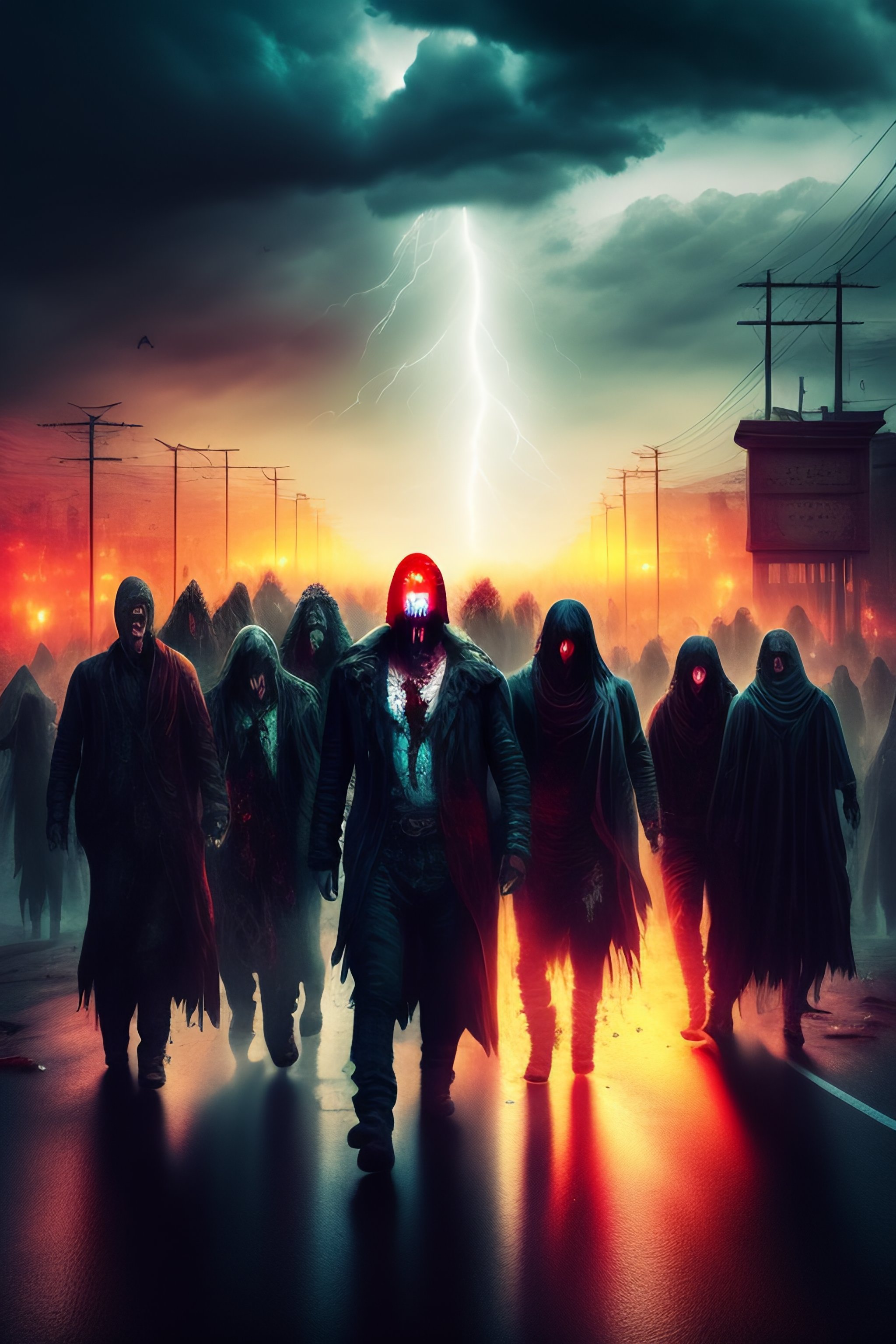 Lexica - A crowd of scary zombies, abandoned city, torn clothes, blood ...