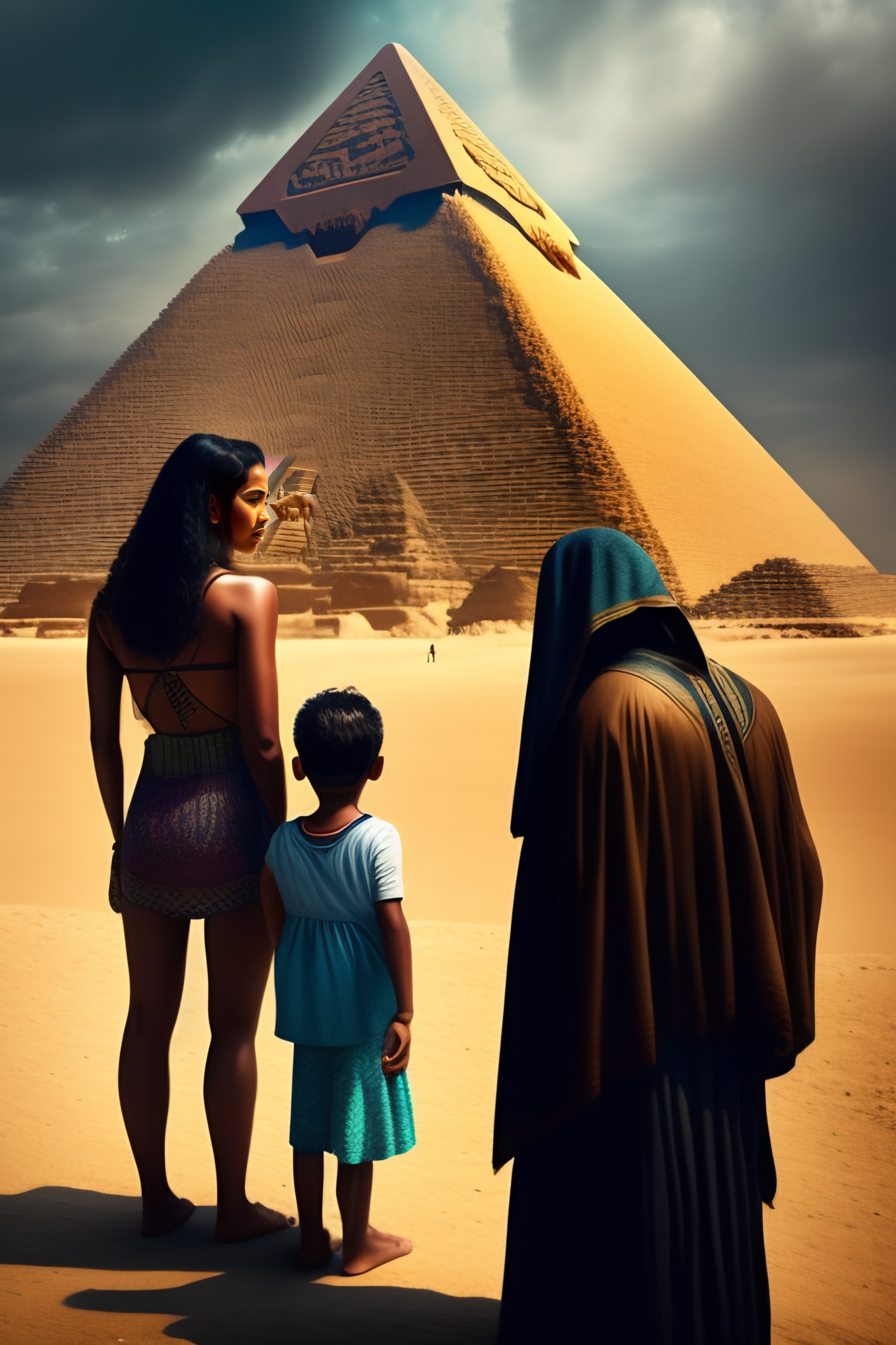 Lexica - A family arguing in front of Egyptian pyramid