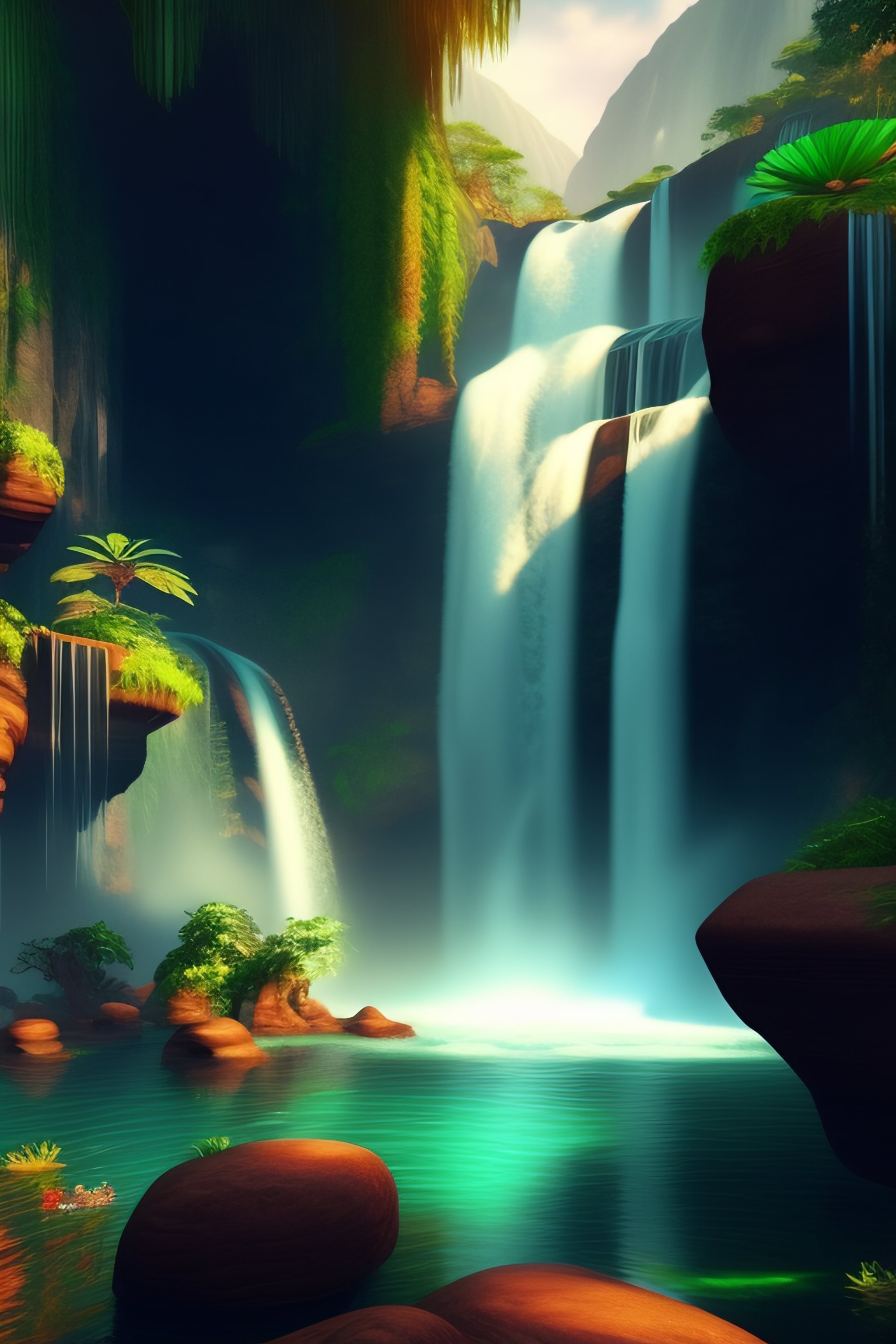 Lexica - A cinematic Aztec scene with a jungle and waterfalls ...