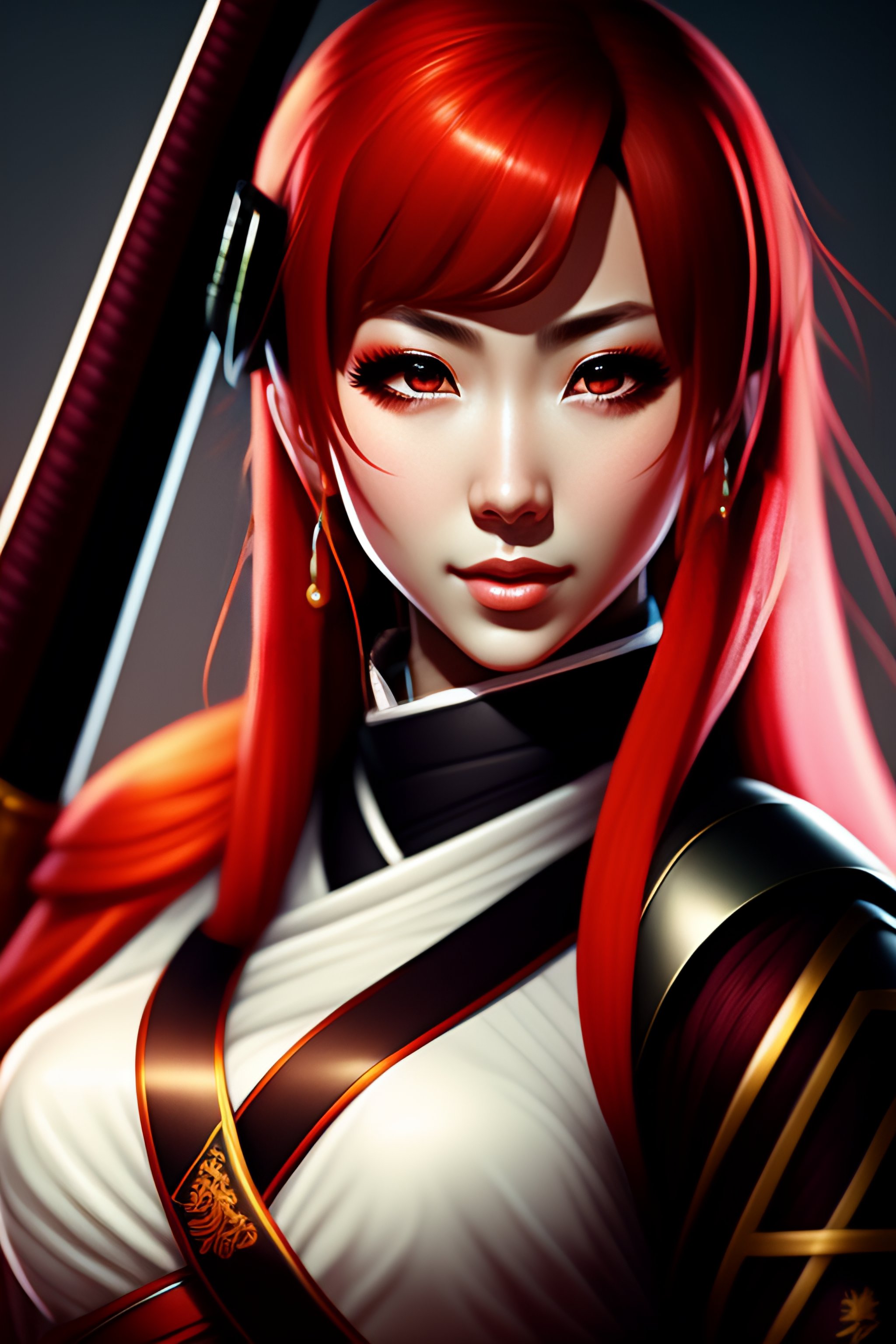 Lexica - Anime, female, samurai, red hair, black clothes, katana on hand