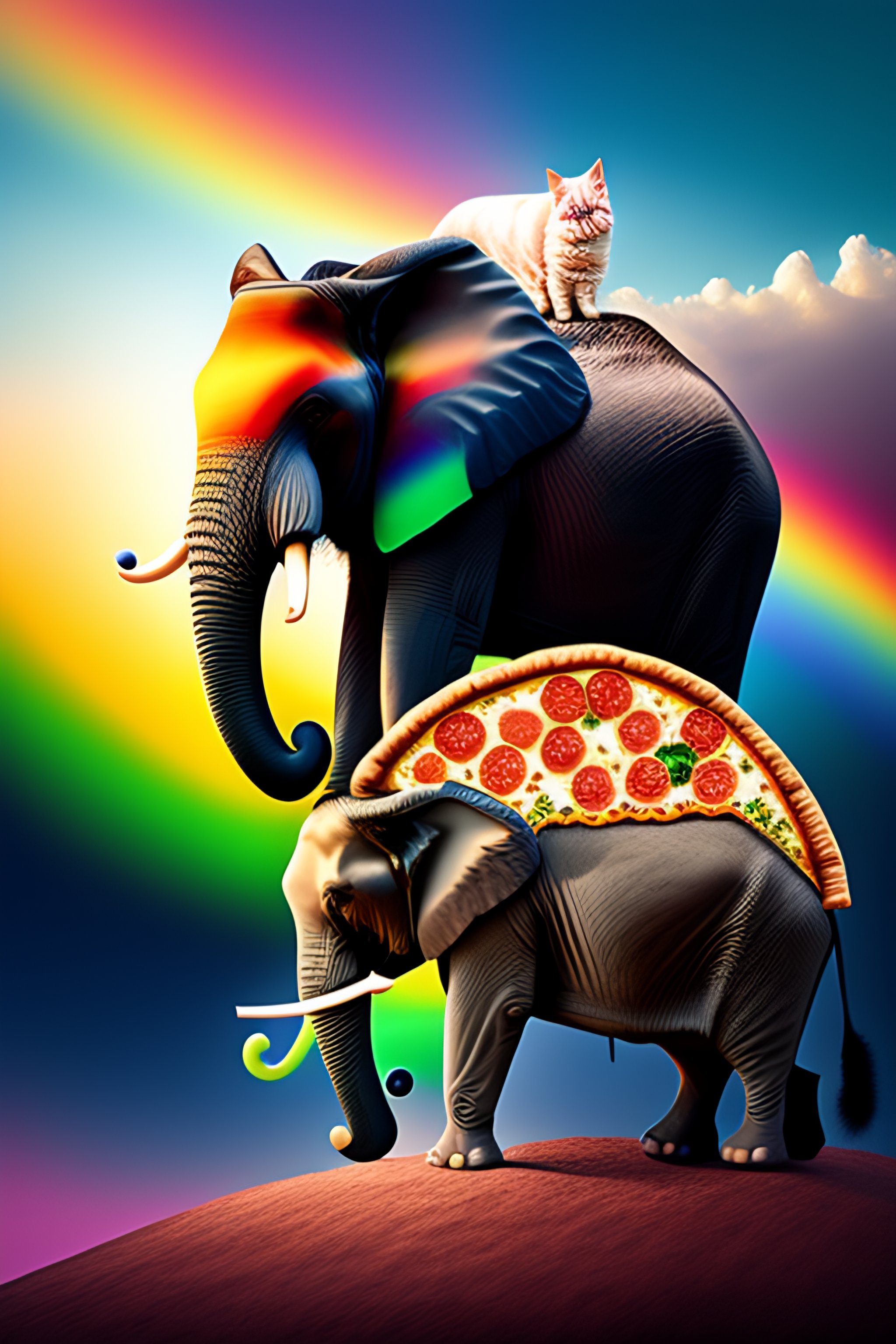 Lexica - Cat riding elephant in a universe of pizzas, rainbow in the ...