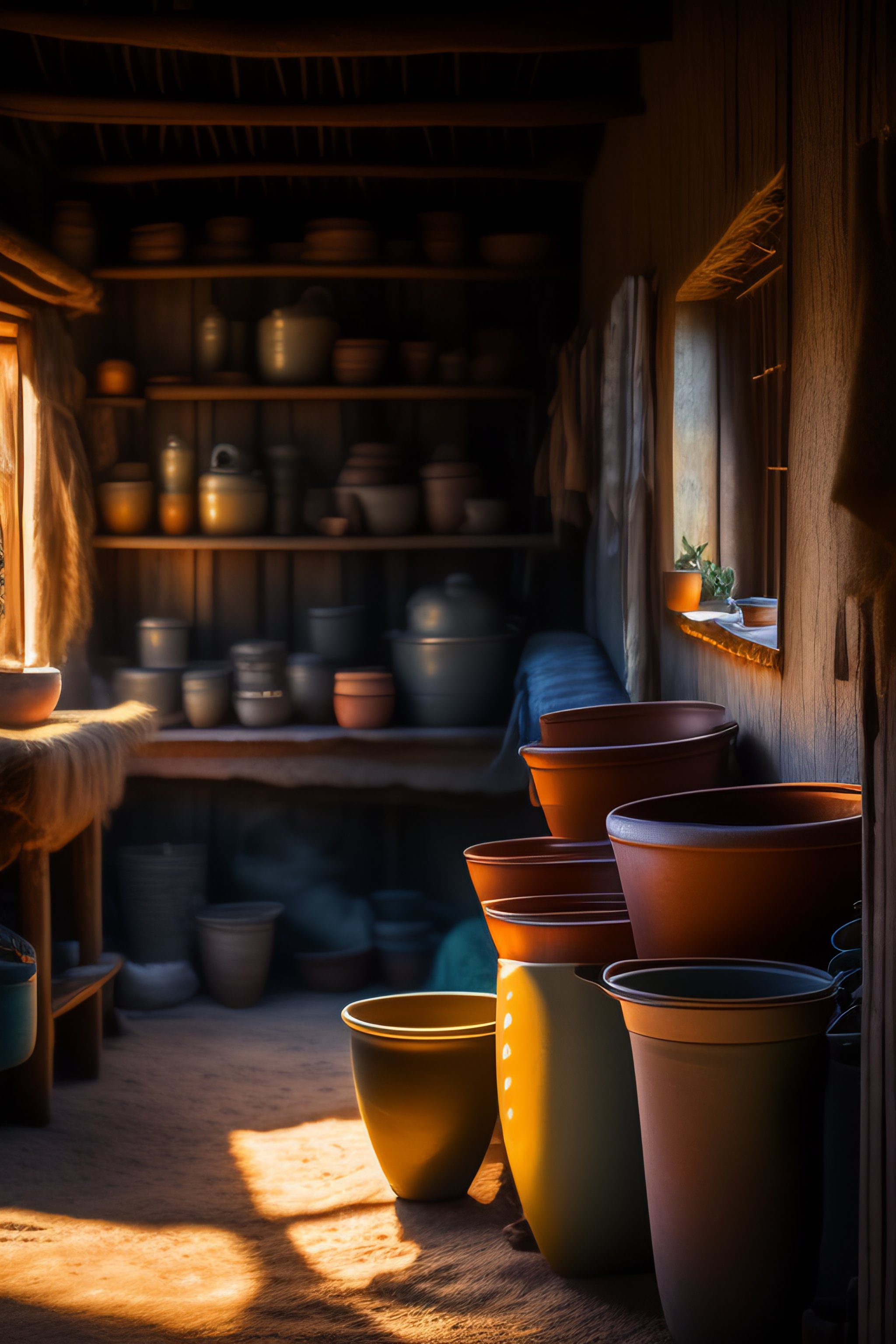 Lexica - Jesus in a shack full of cluttered and messy clay pots, action ...