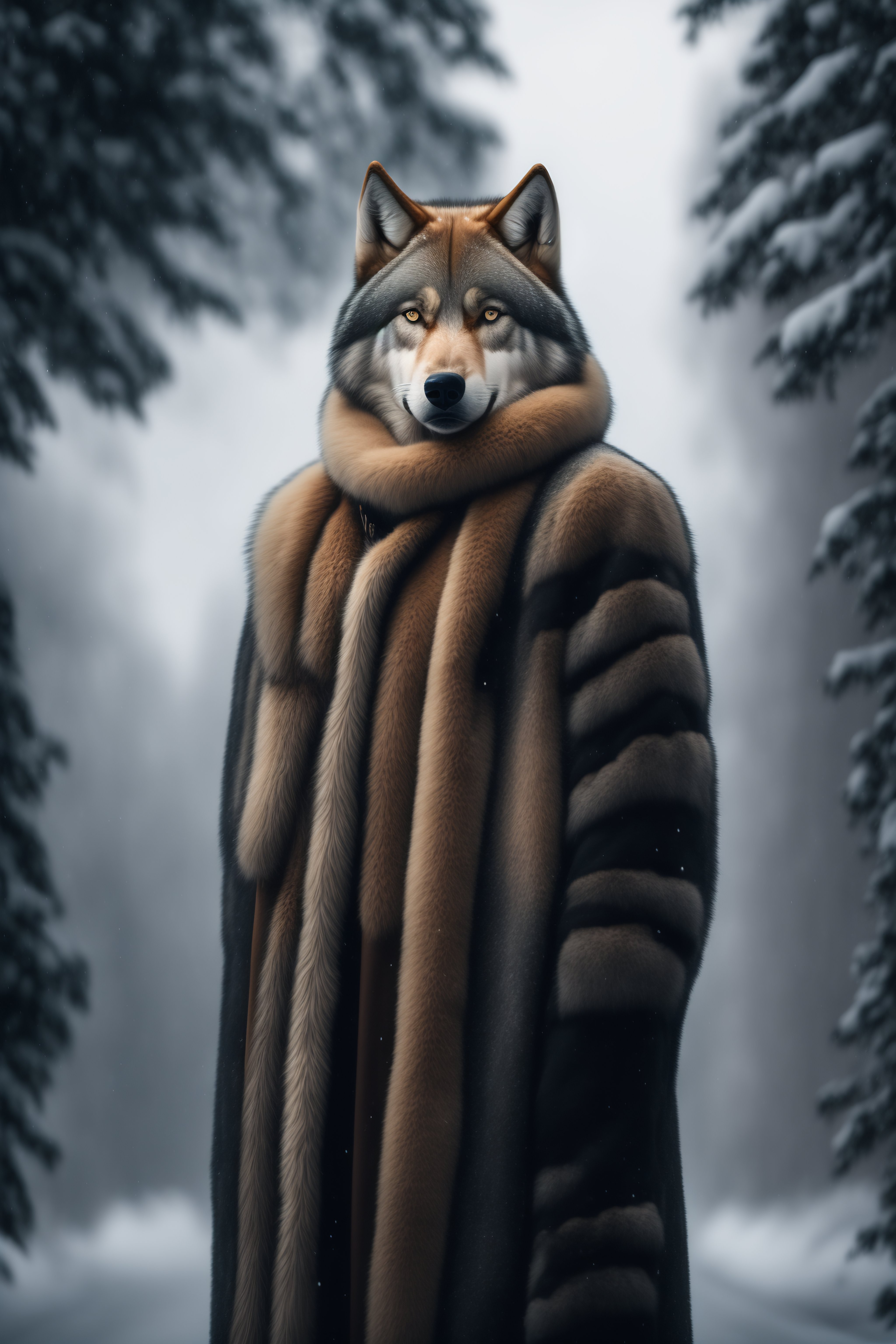 Lexica - Human gray wolf standing facing front wearing a fur coat