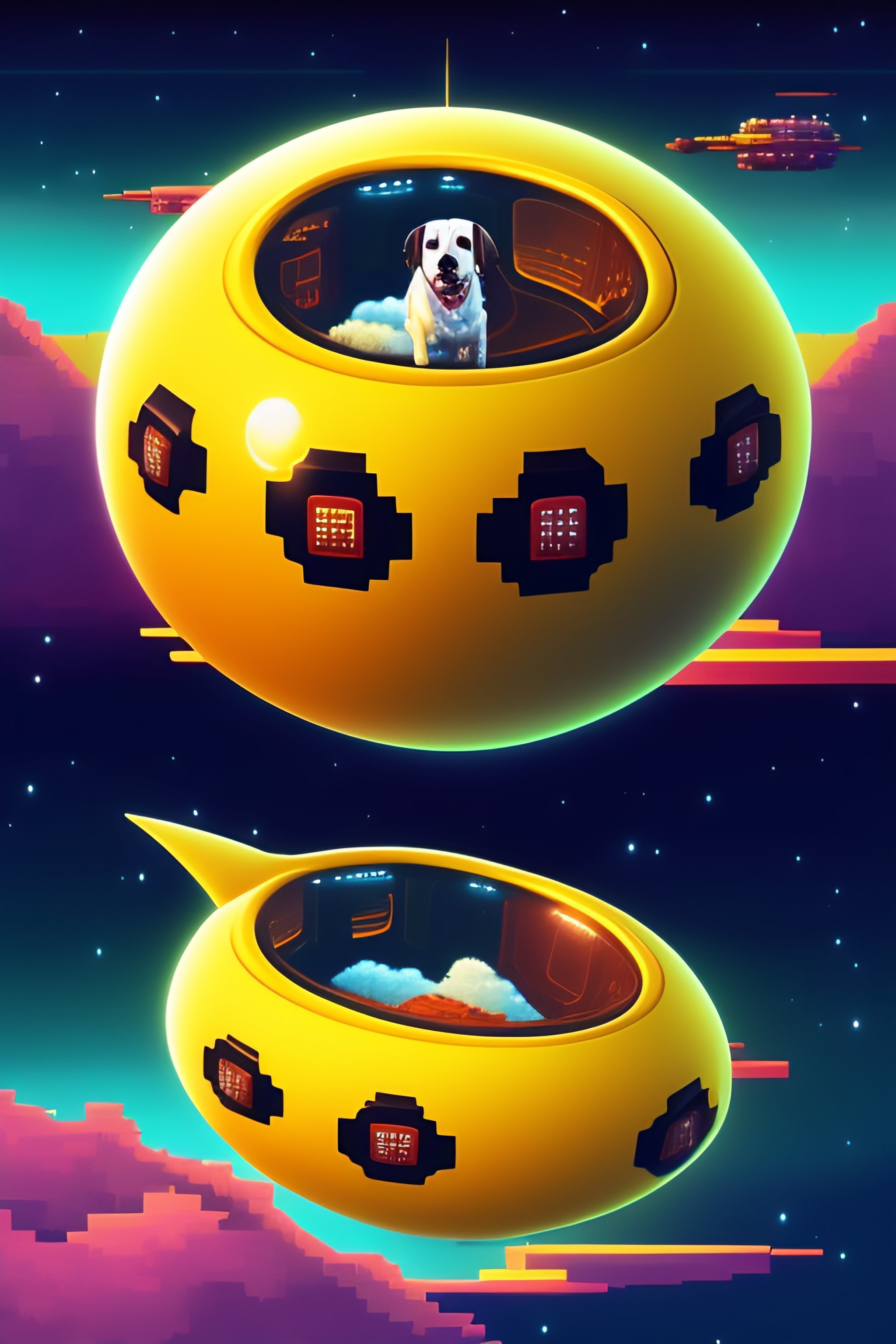 Lexica - Dog in the spaceship, sprite, pixel-art, top-down view, game style