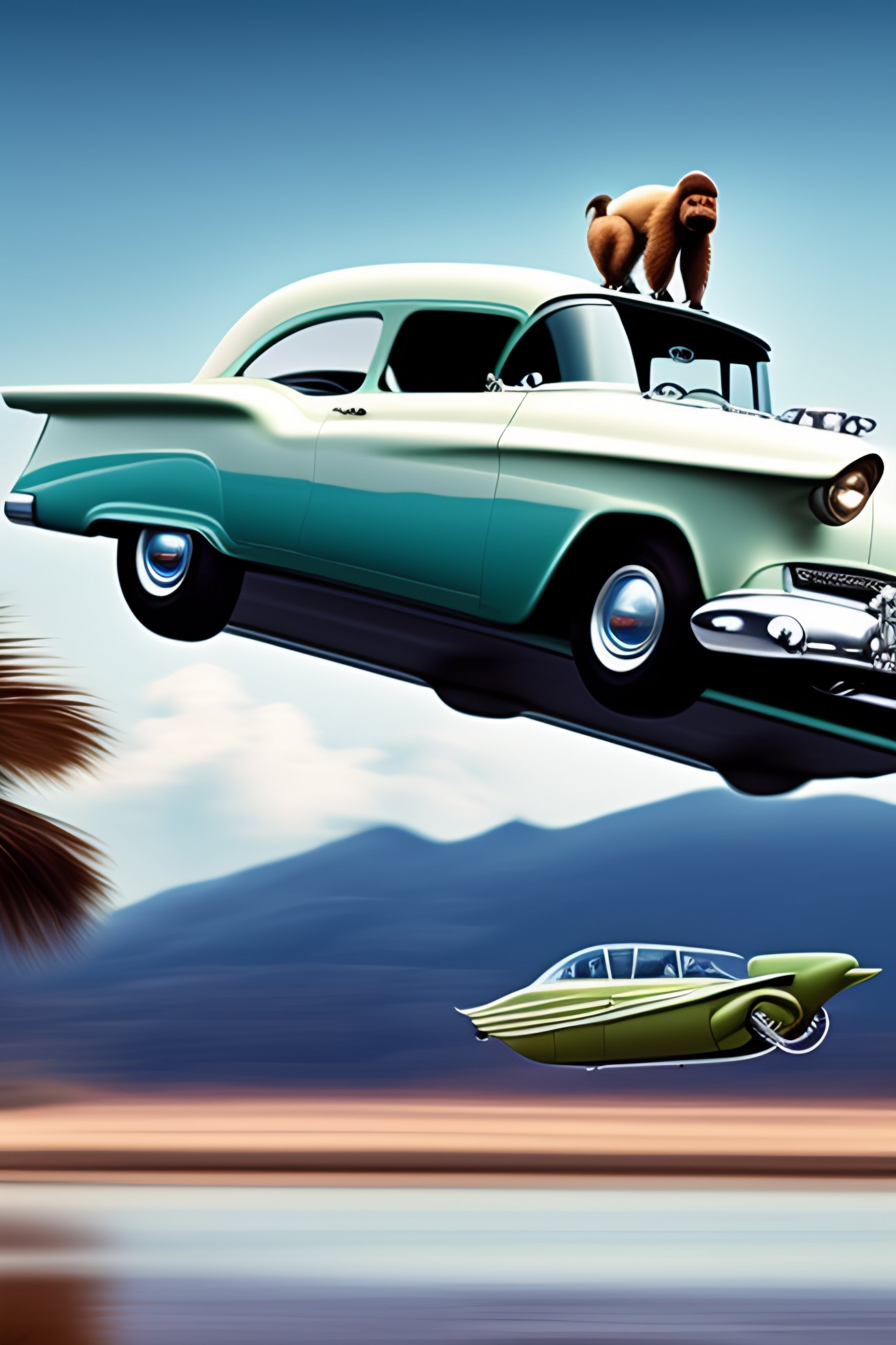 Lexica - 50s marriage with white gorilla in the flying car flying ...