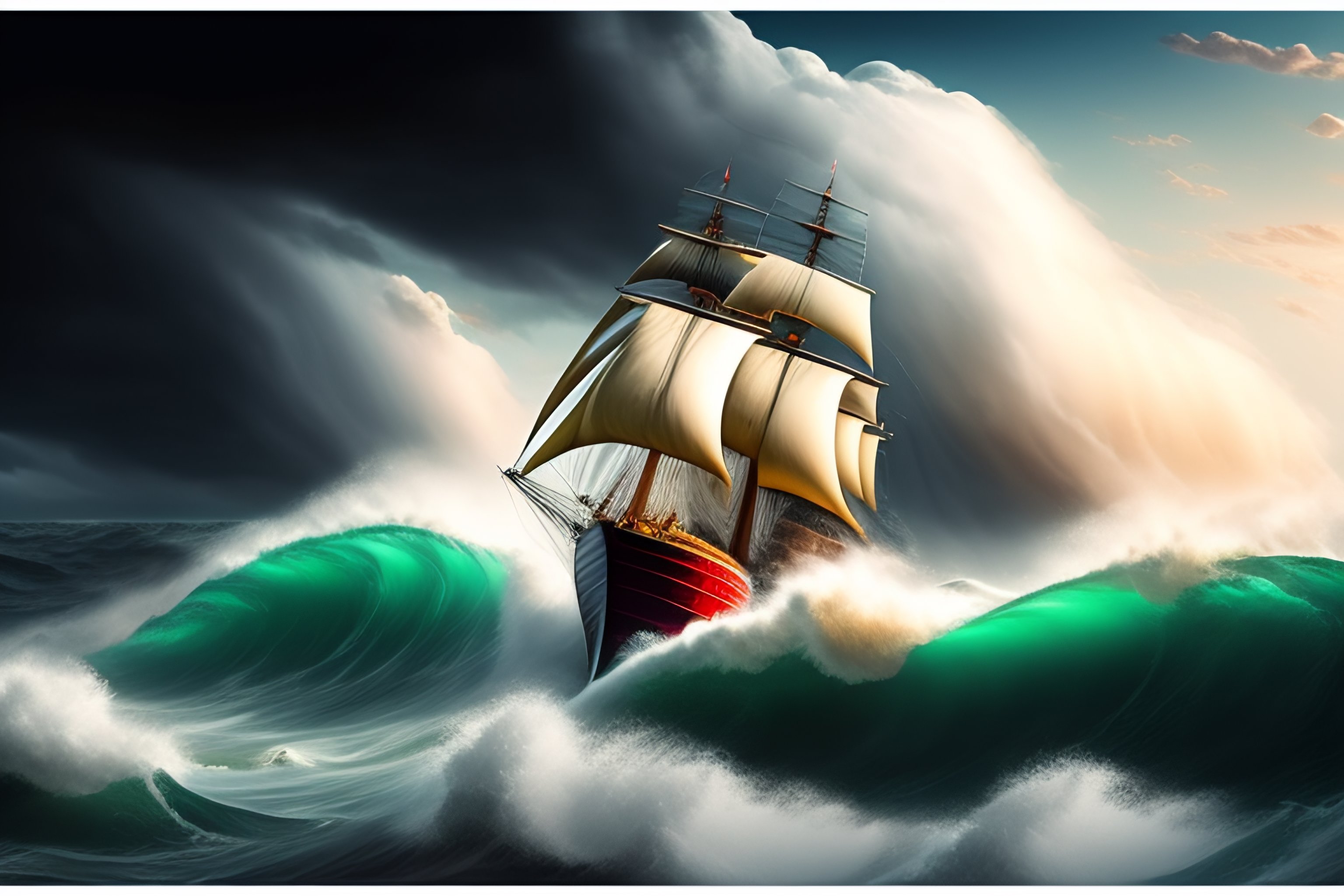 Lexica - A 3 masted ship in full sail crashes through a stormy ocean ...