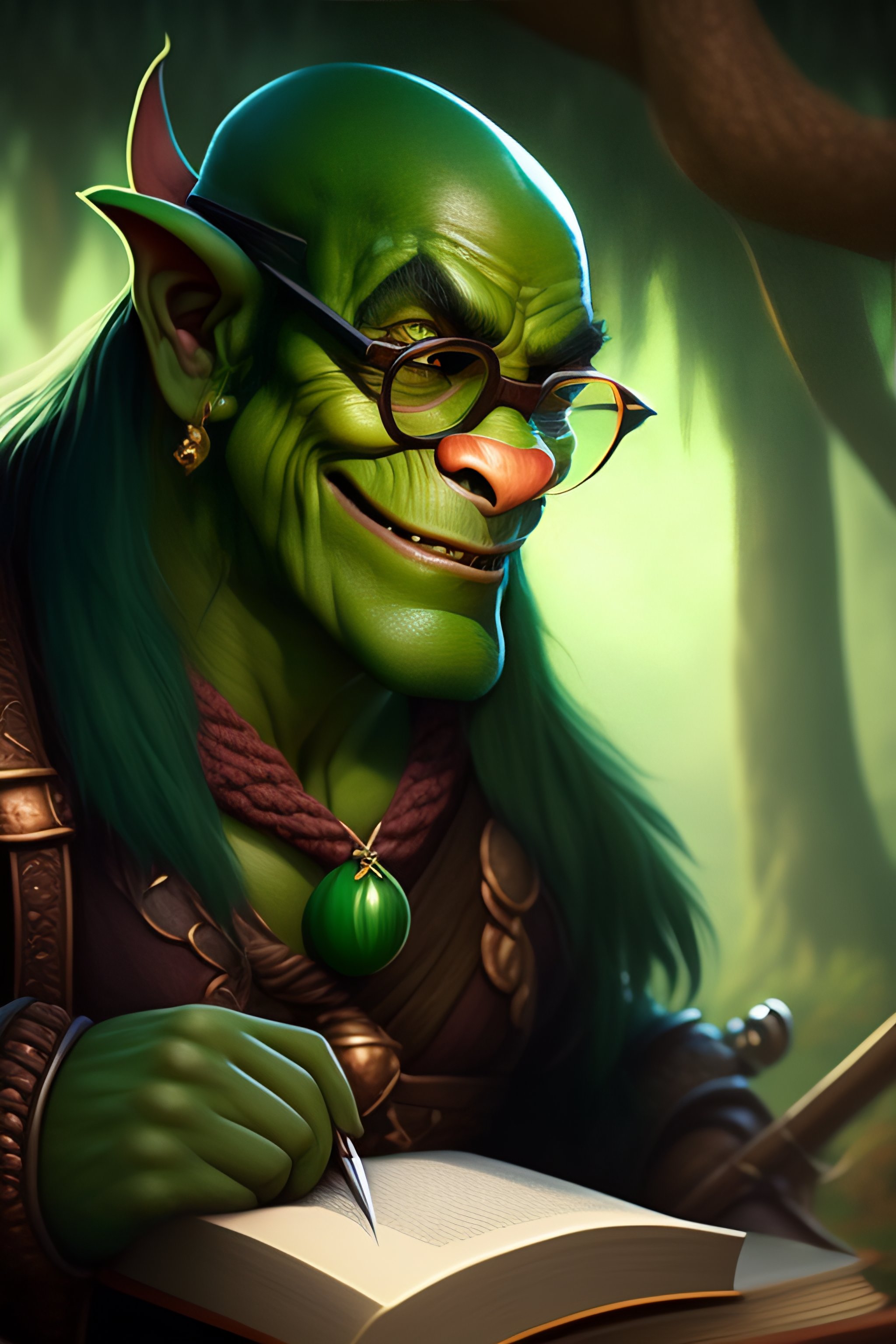 Lexica - A well-drawn friendly kind dark-green orc with a kind smile ...