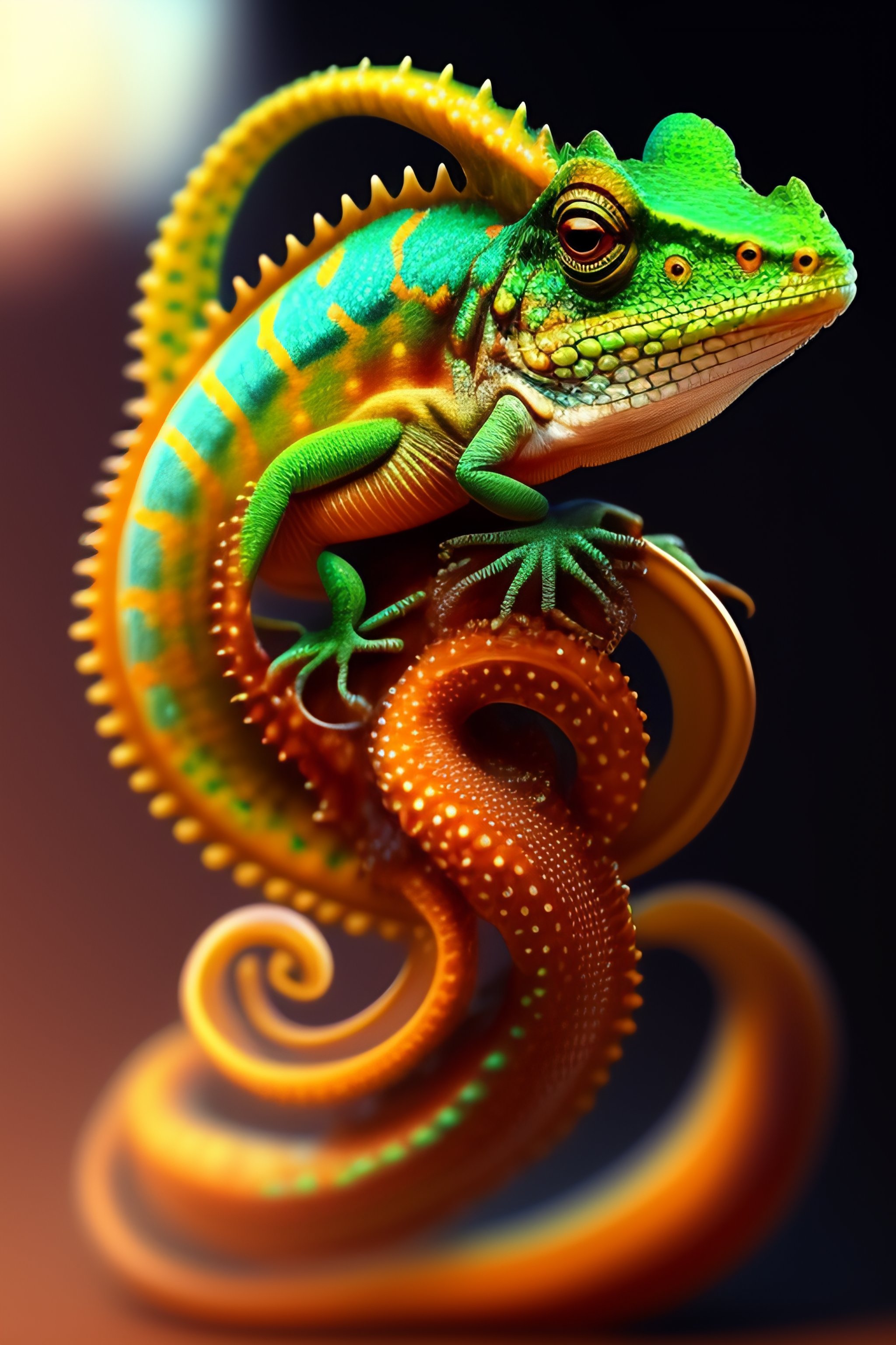 Lexica - Chameleon lizard with octopus tentacle tail, amber, highly ...