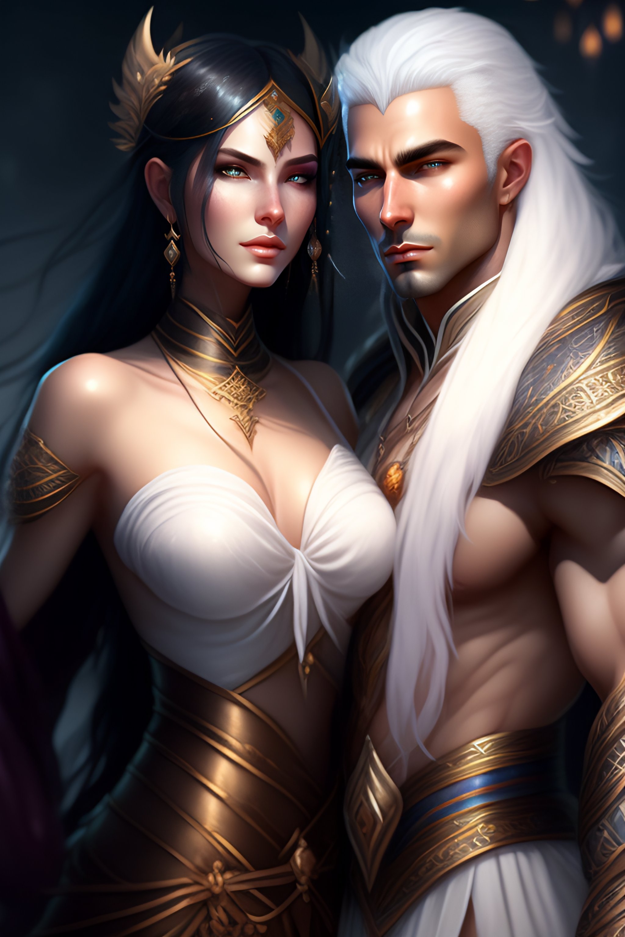 Lexica - Mage godess with white hair, mage god with black hair, pale skin, fantasy, in love ...