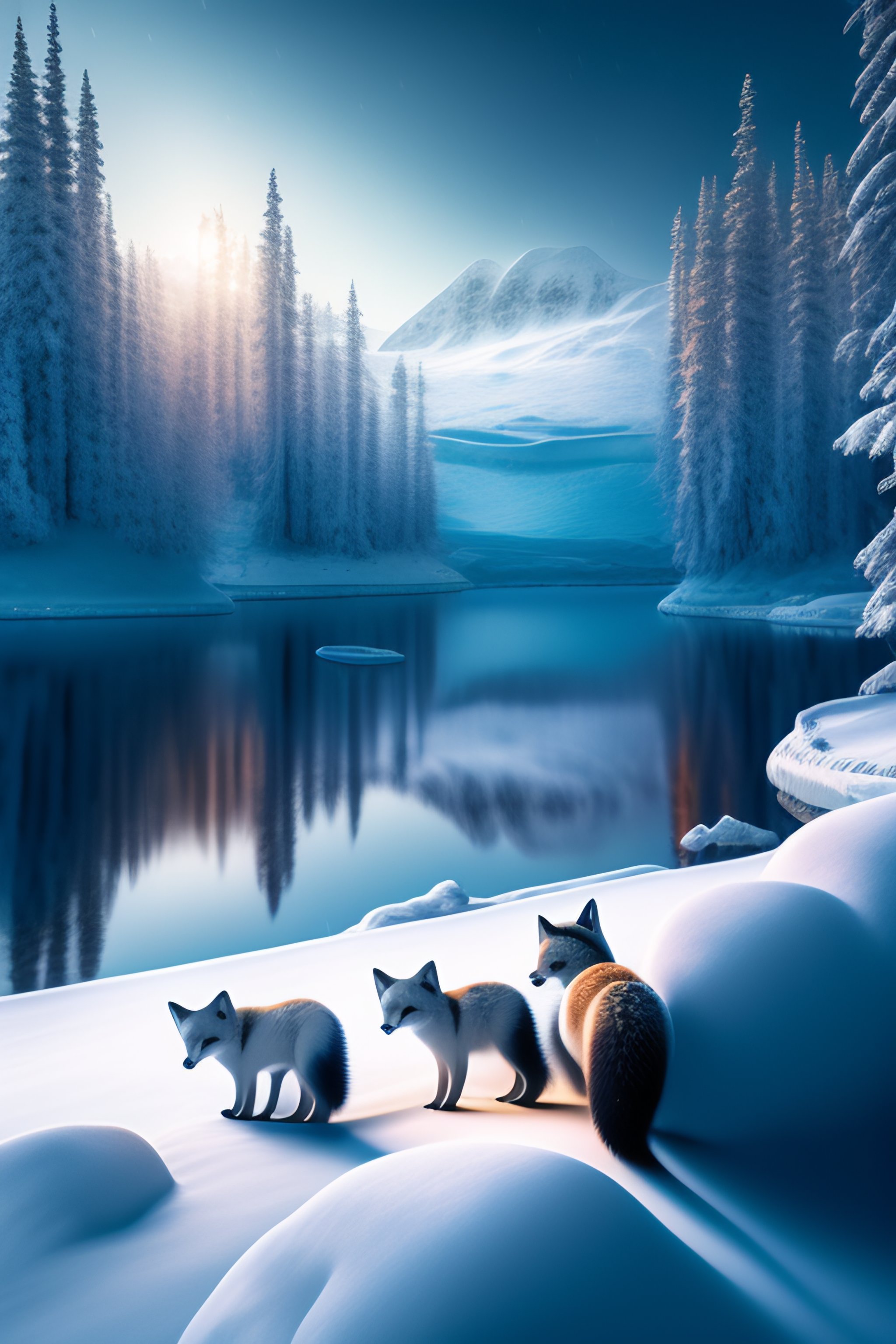 Lexica - An Arctic Fox and the pups playing in deep snow deep in a ...
