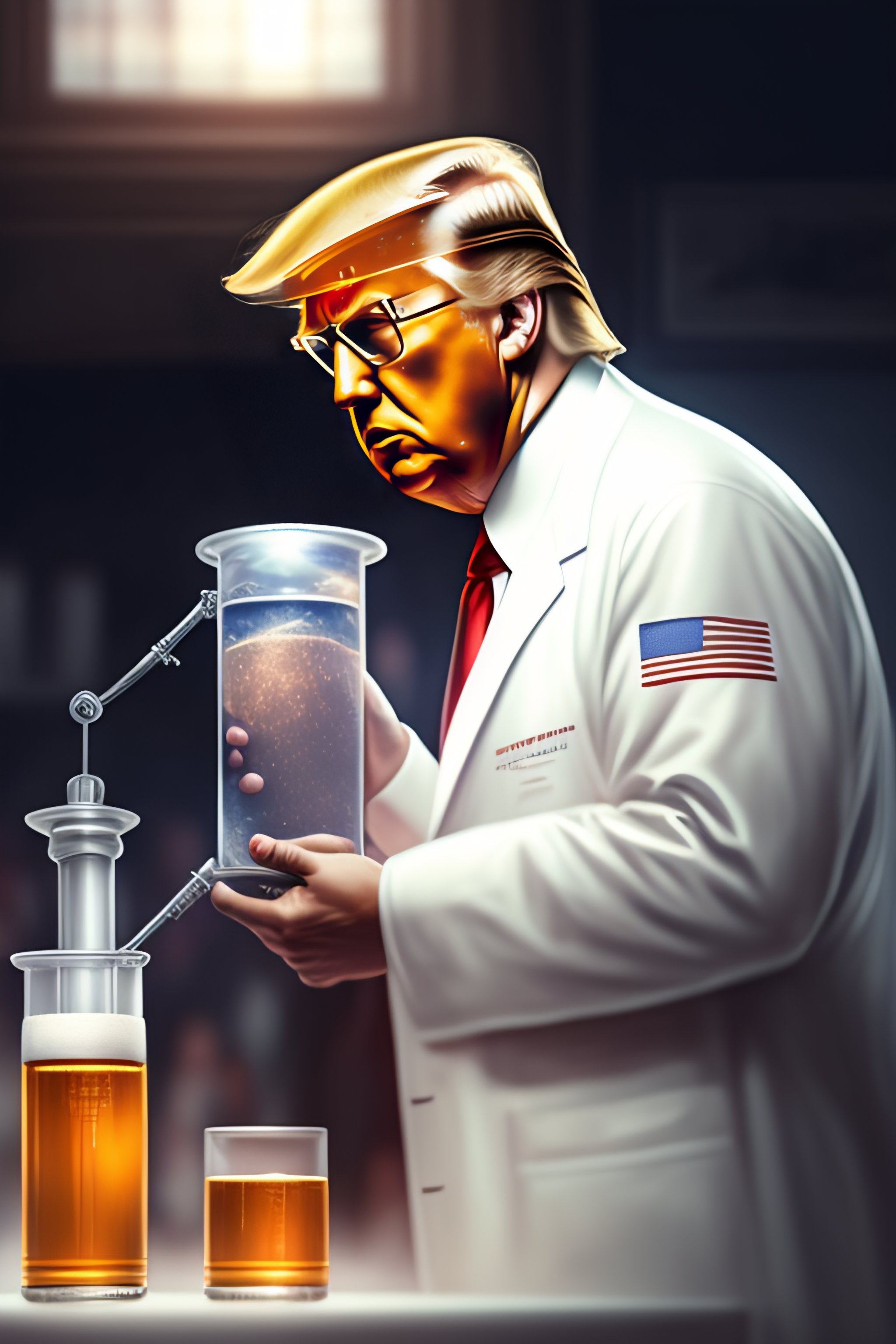 Lexica - Donald Trump holds a ehrlenmeyer flask at eye level, wearing a ...