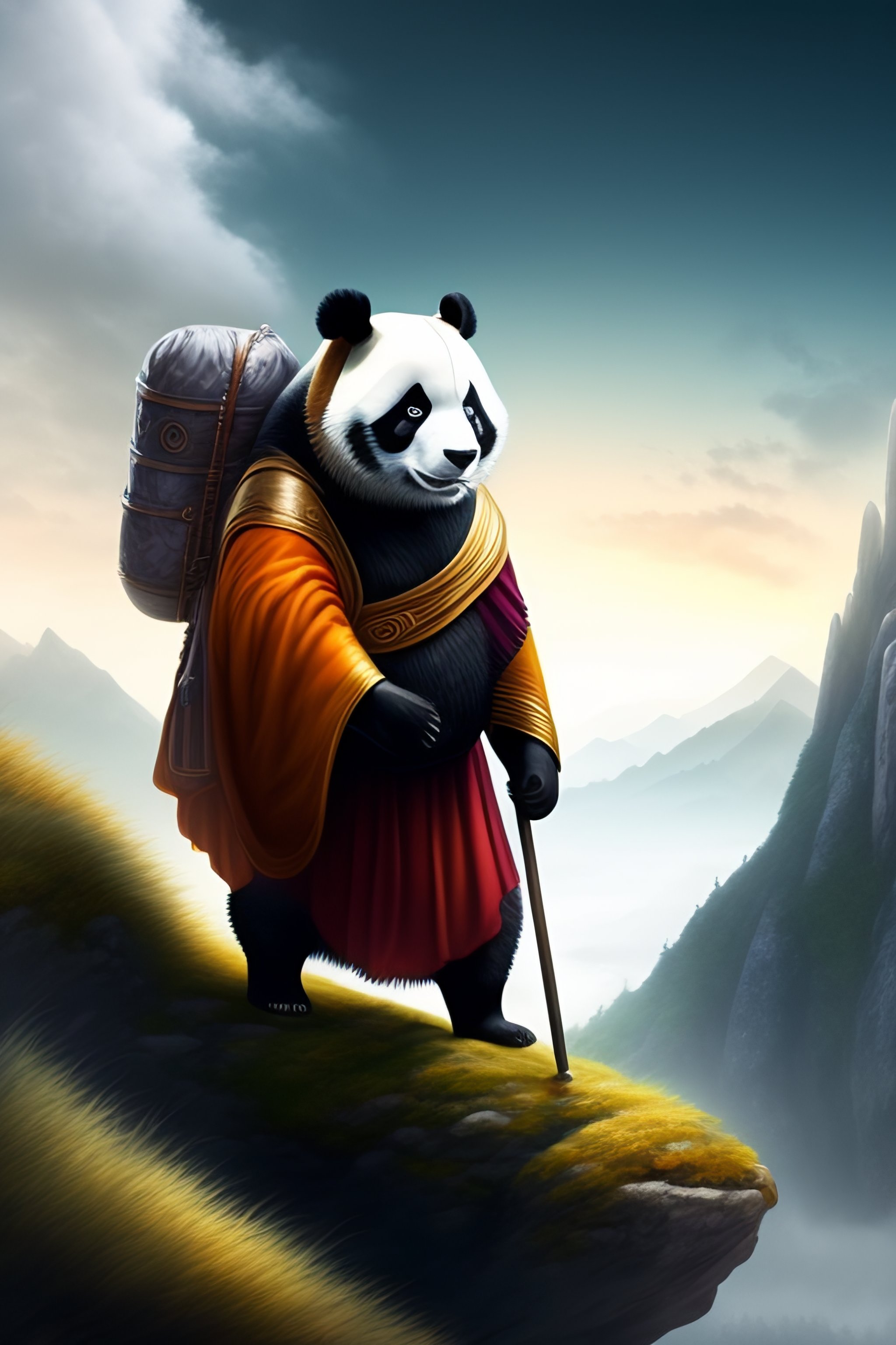 Lexica - Anthropomorphic panda wearing monk robes and carrying a staff ...