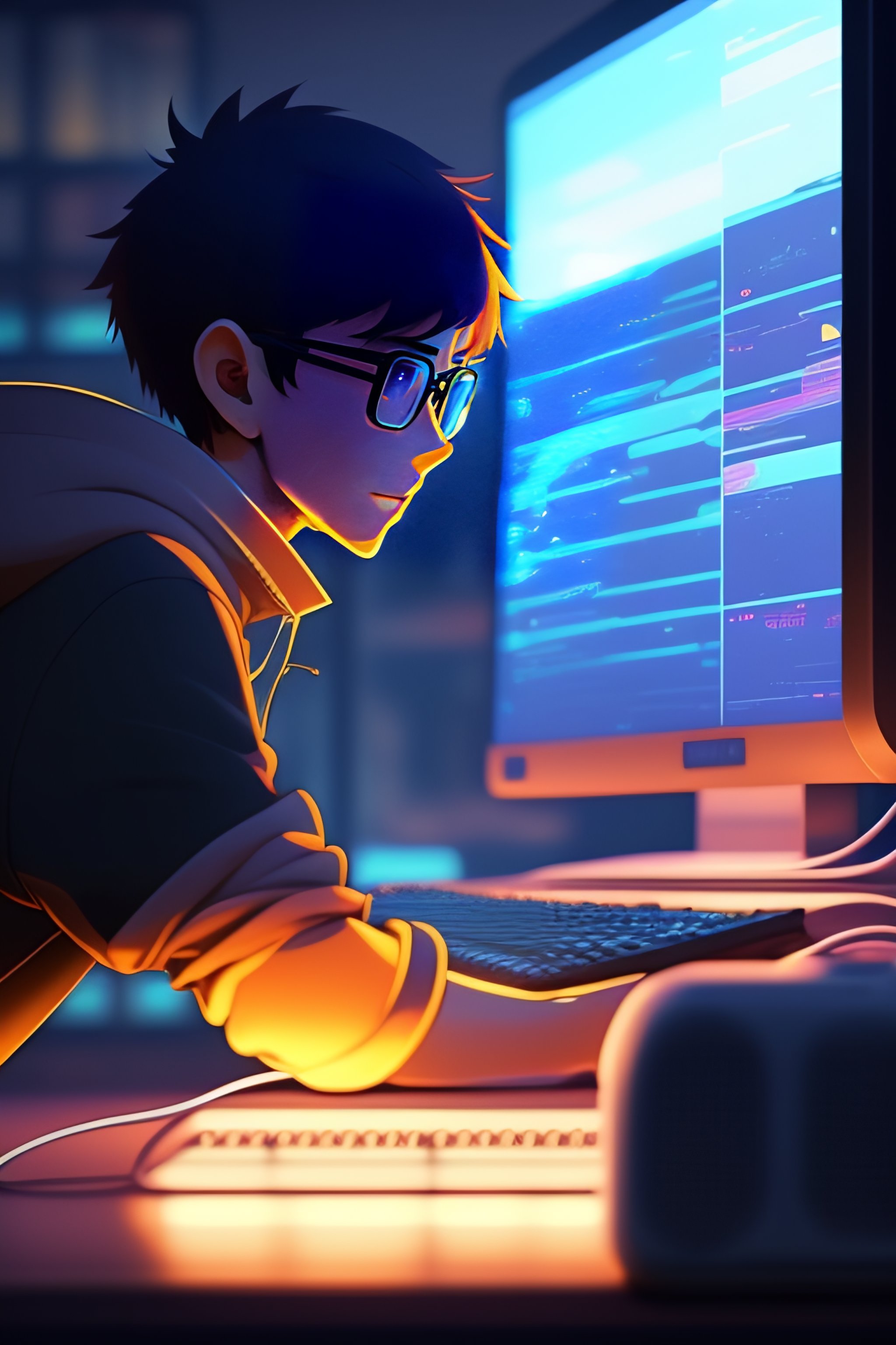 Lexica - A nerdy boy is programming at a computer in a room full of ...