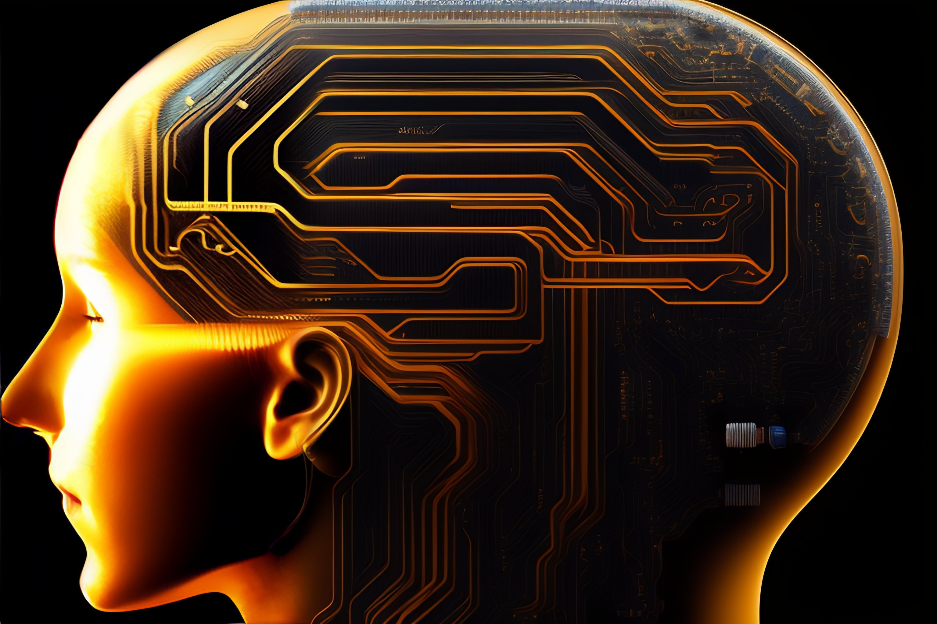 Lexica - The outline of a head that is filled with electronic circuitry