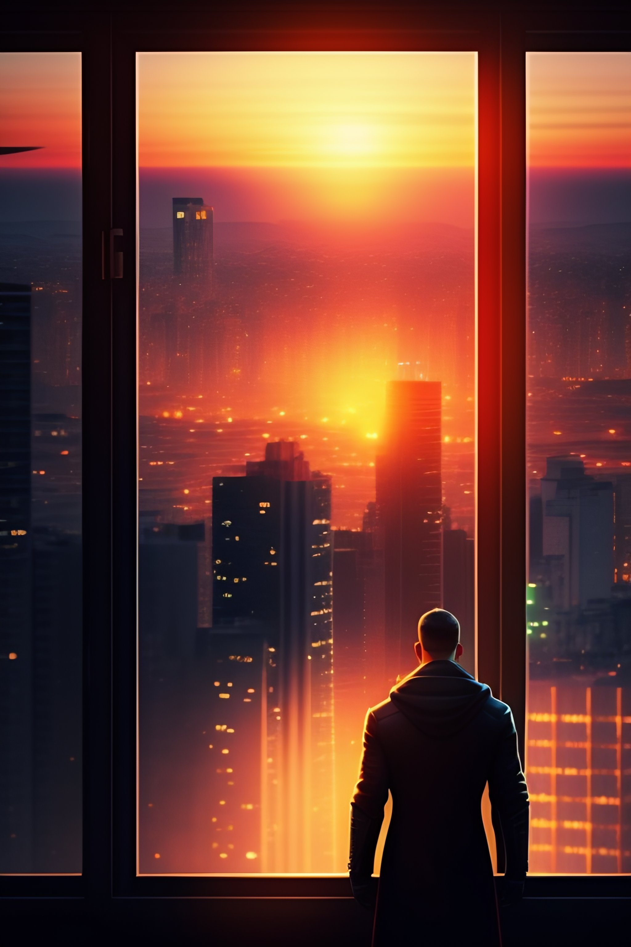 Lexica - "A character standing on a rooftop at sunset, looking out over ...