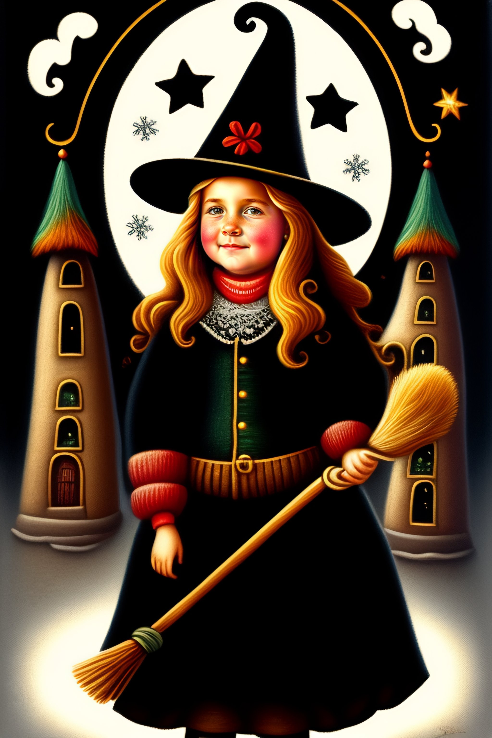Lexica - A little tired witch in a hat sits on a broomstick and flies ...