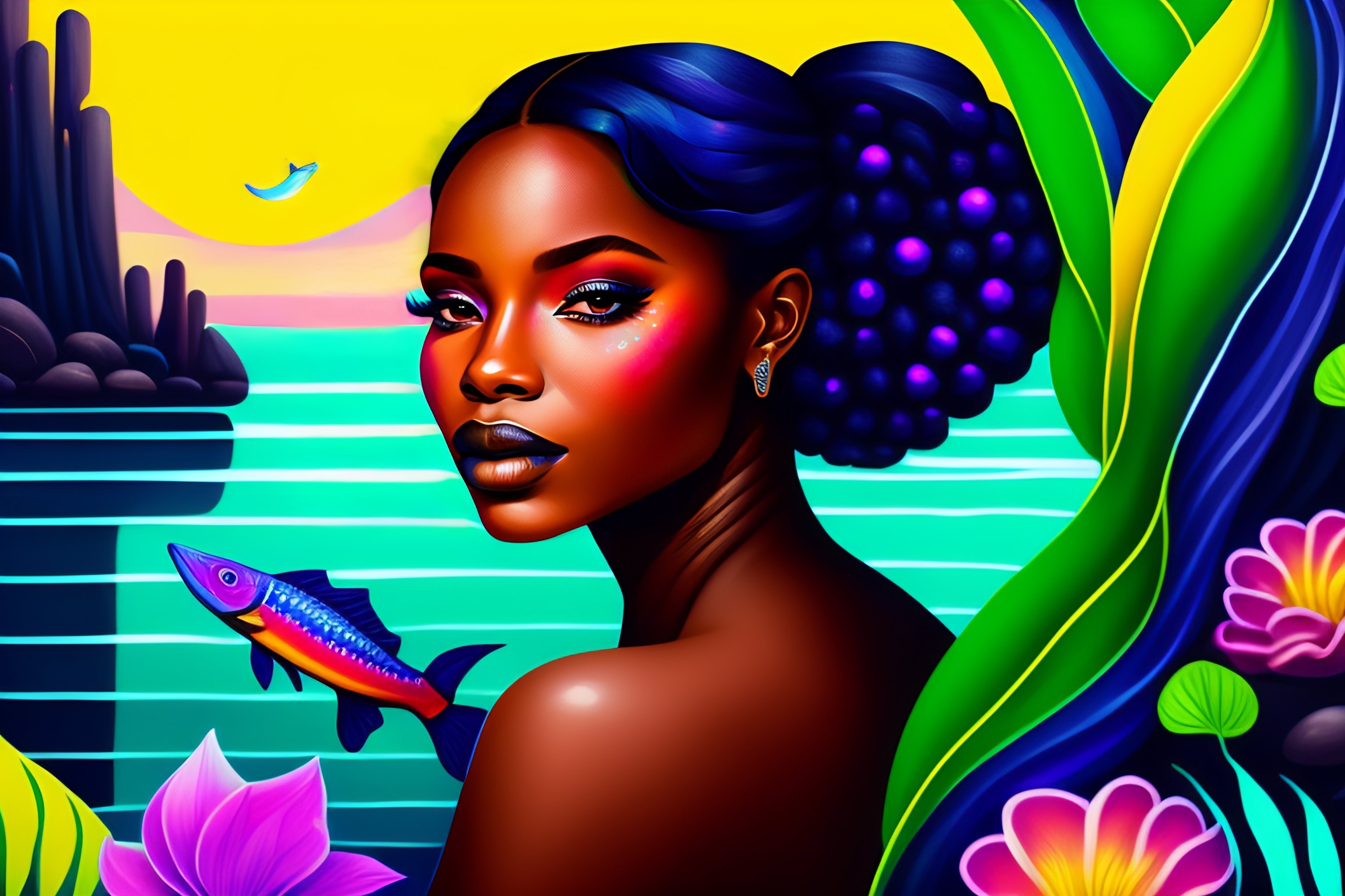 Lexica - A realistic mermaid sitting on a leaf, portrait of black ...