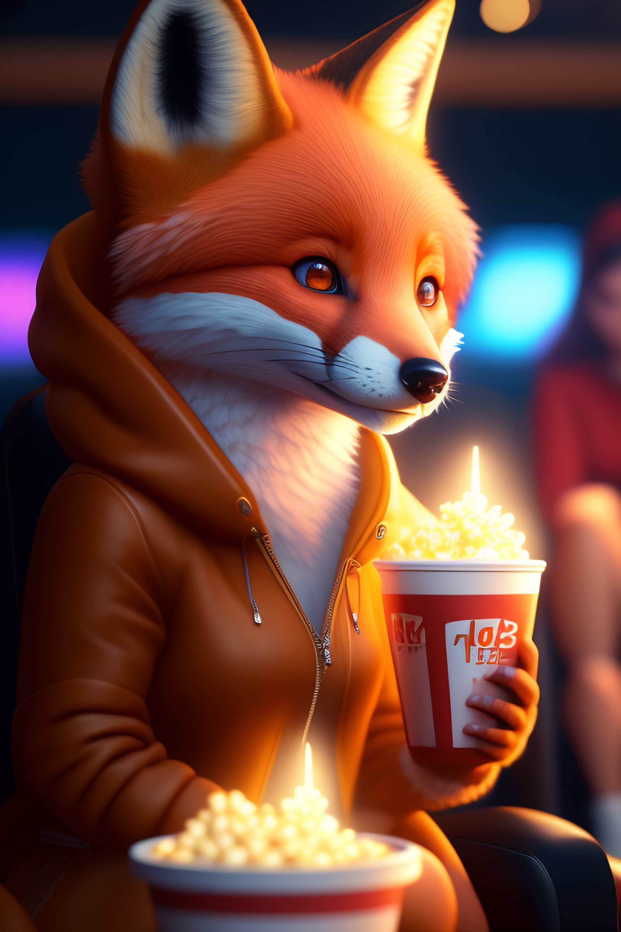 Lexica - Cute small humanoid Fox woman sitting in a movie theater ...