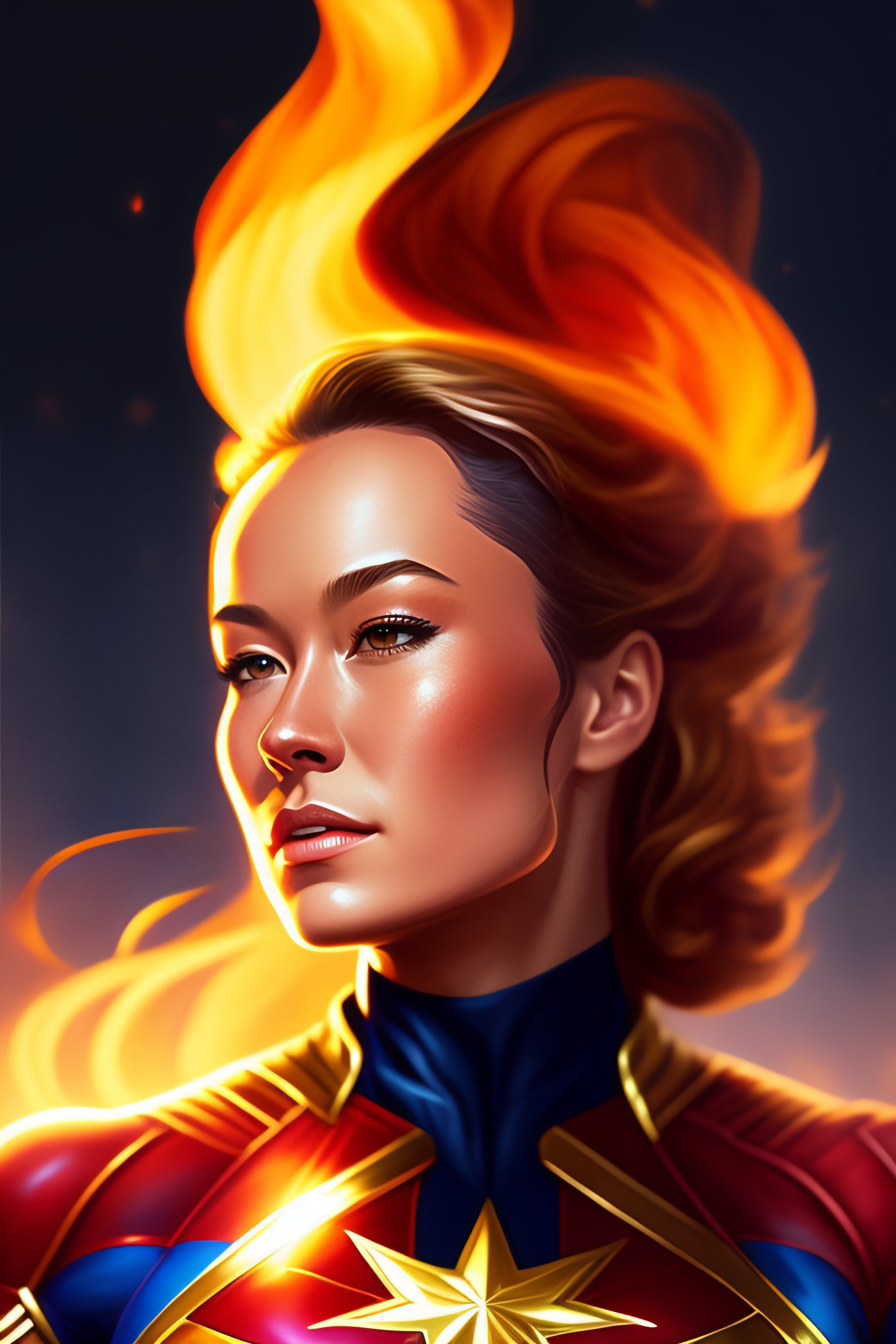 Lexica - Muscular brie larson as Captain Marvel, flame background,sharp ...