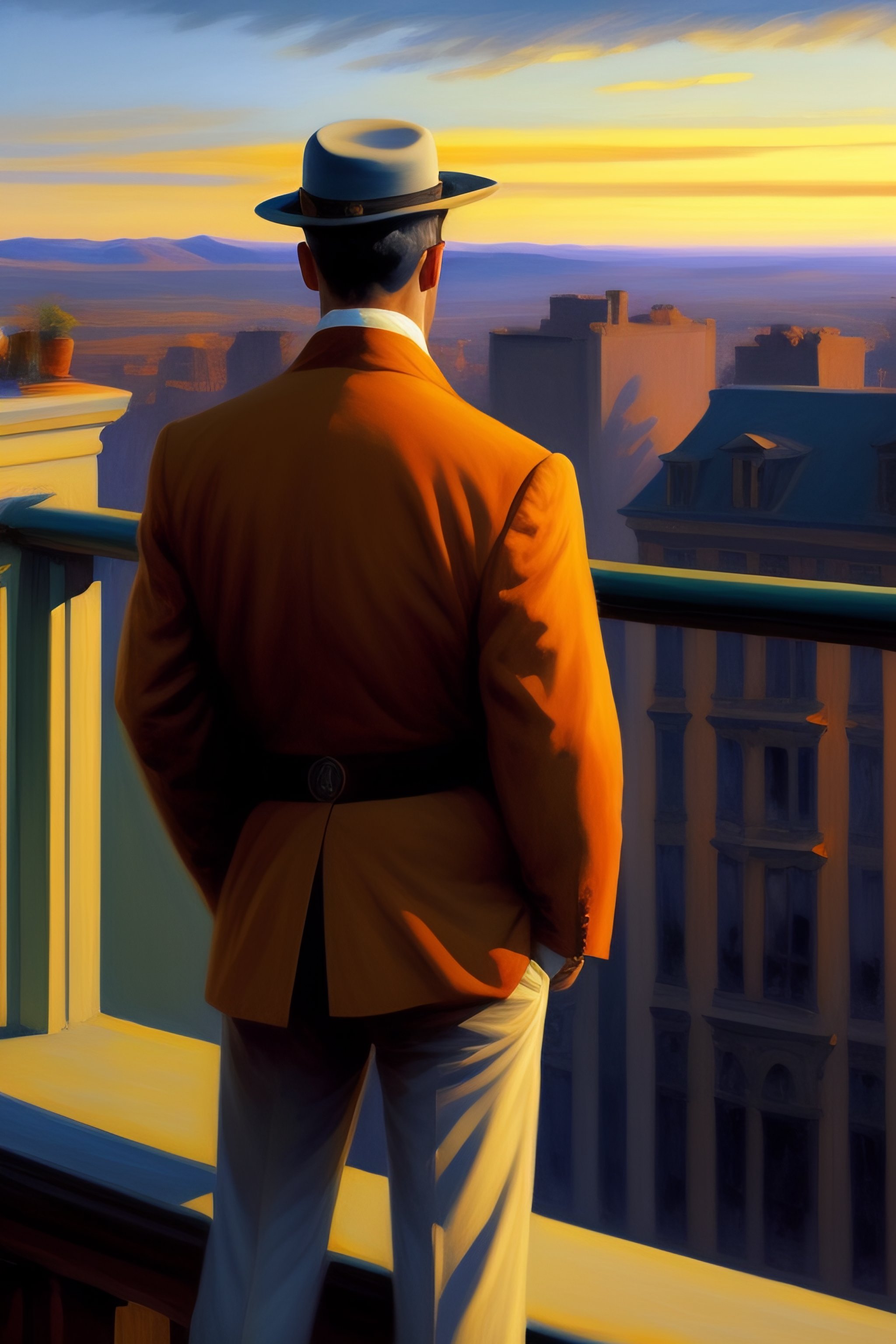 Lexica - A man in a tattered duster, standing on a balcony looking out ...