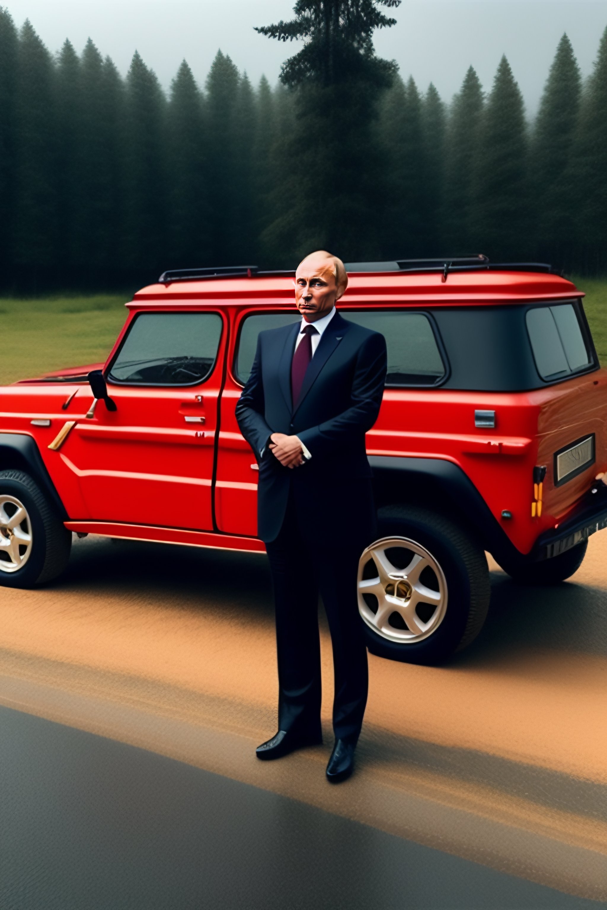 Lexica - Russian President Putin, proud,standing behind a red Lada Niva