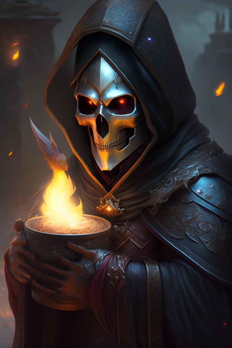 Lexica - Necromancer with a skull mask, hooded and with magic in his hands
