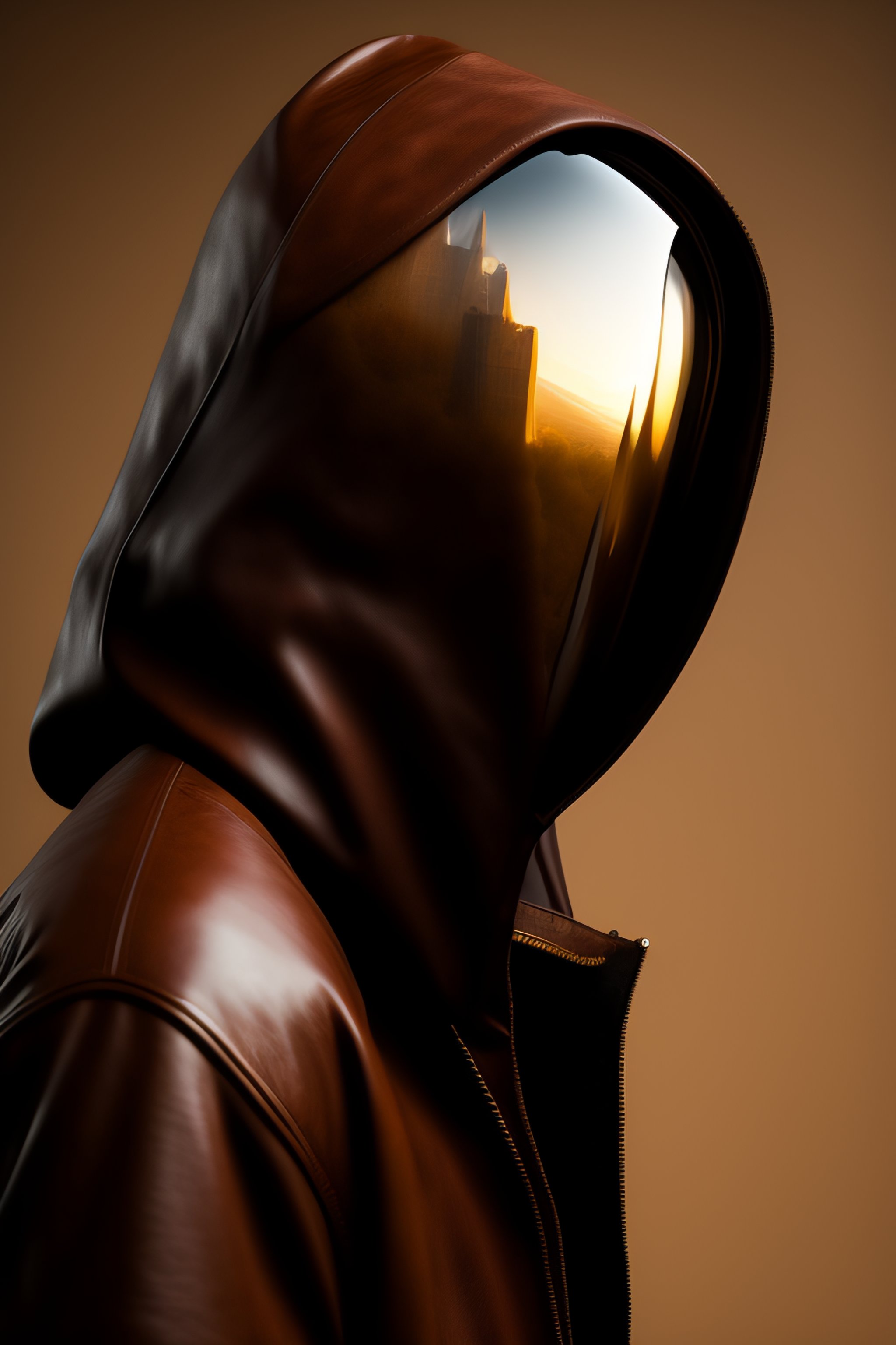 Lexica - An humanoid with a dirty old brown leather hooded jacket, a ...