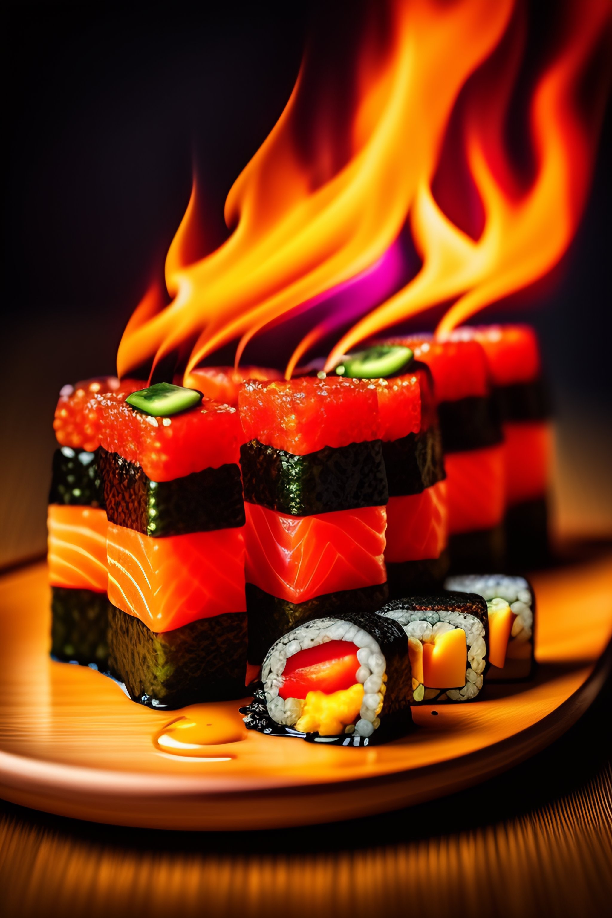 Lexica - Sushi on fire, elegant colors, mayan style,
