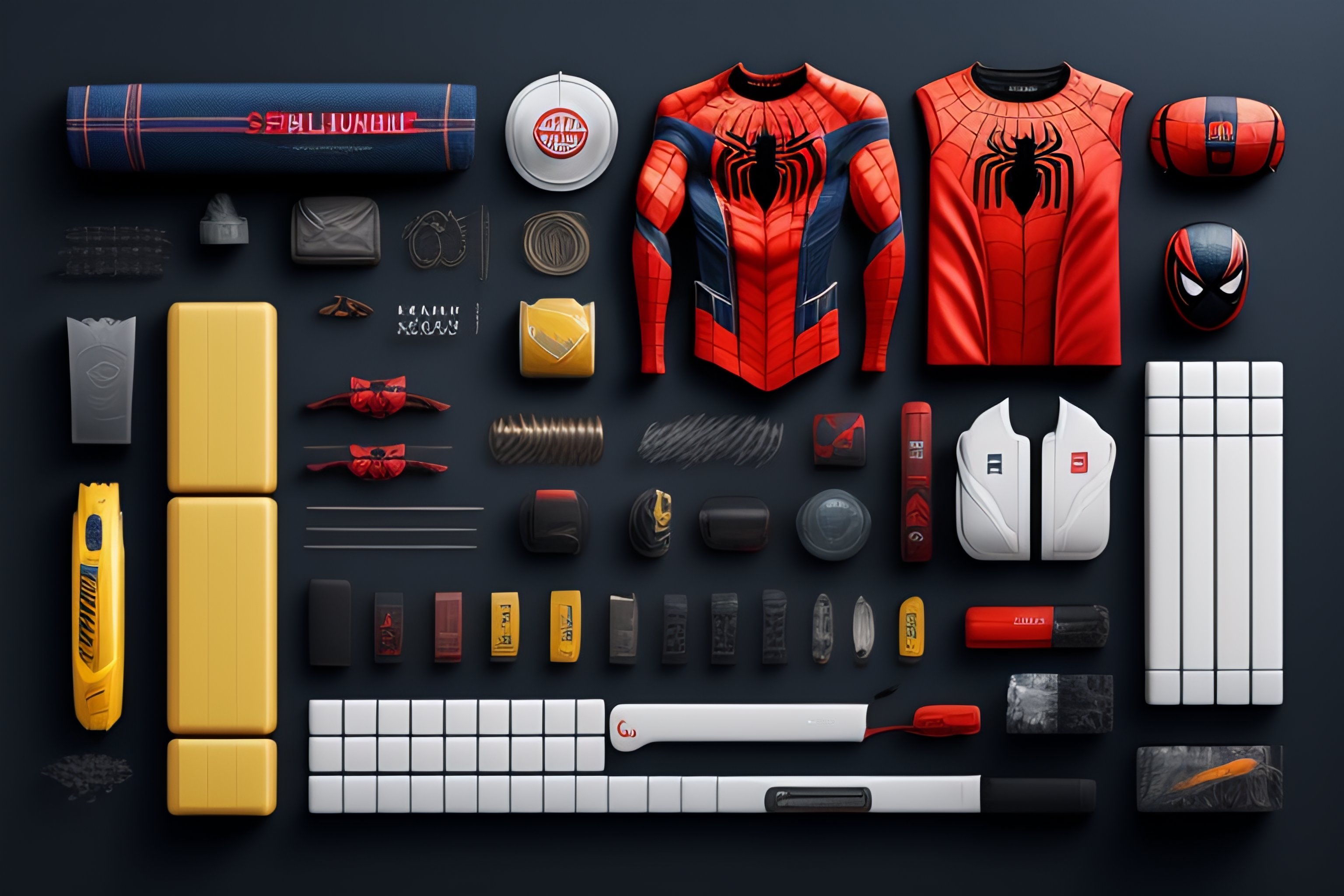 Lexica - Knolling layout of Spider-Man’s equipment