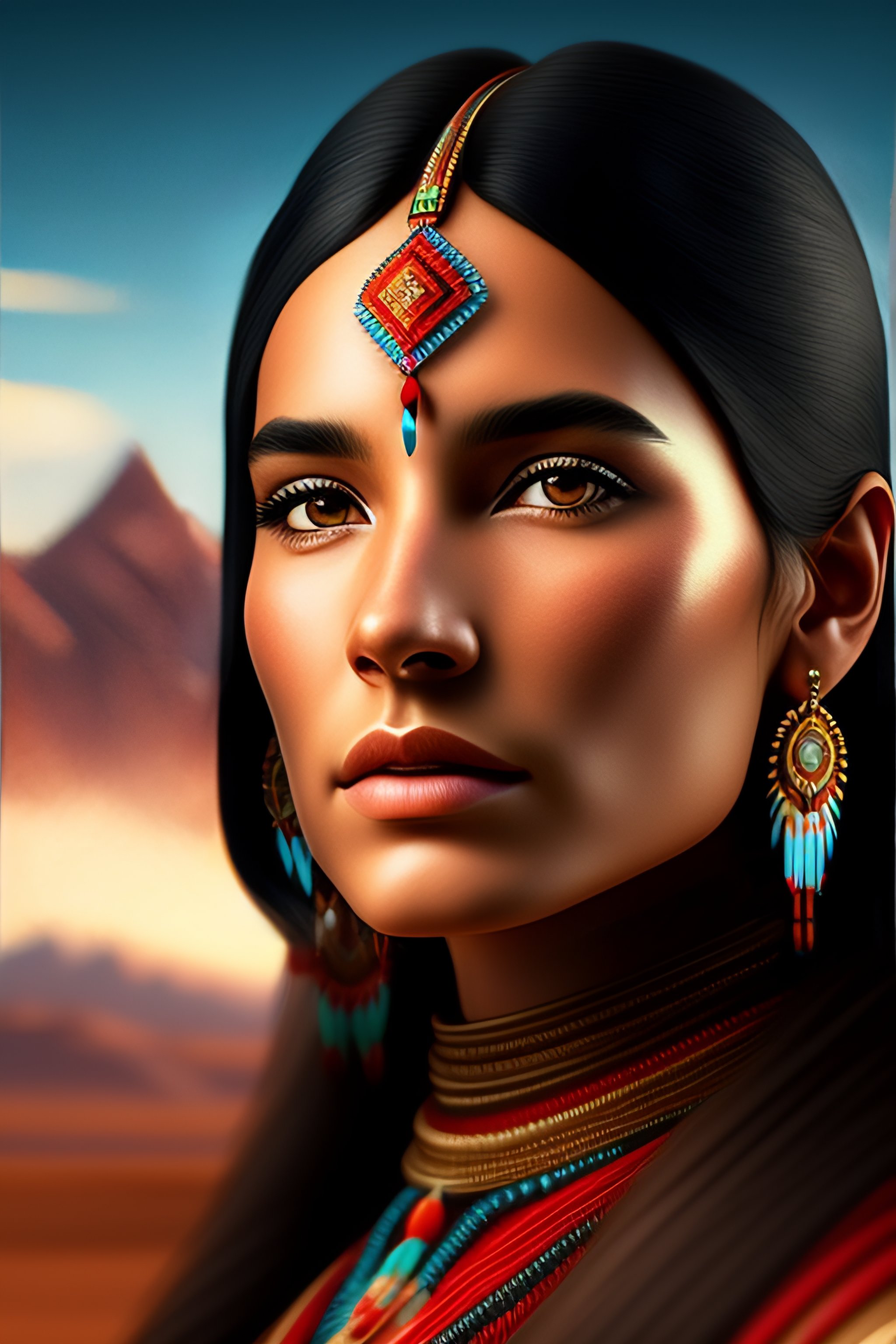 Lexica - Native american young female portrait in 3d digital art with ...