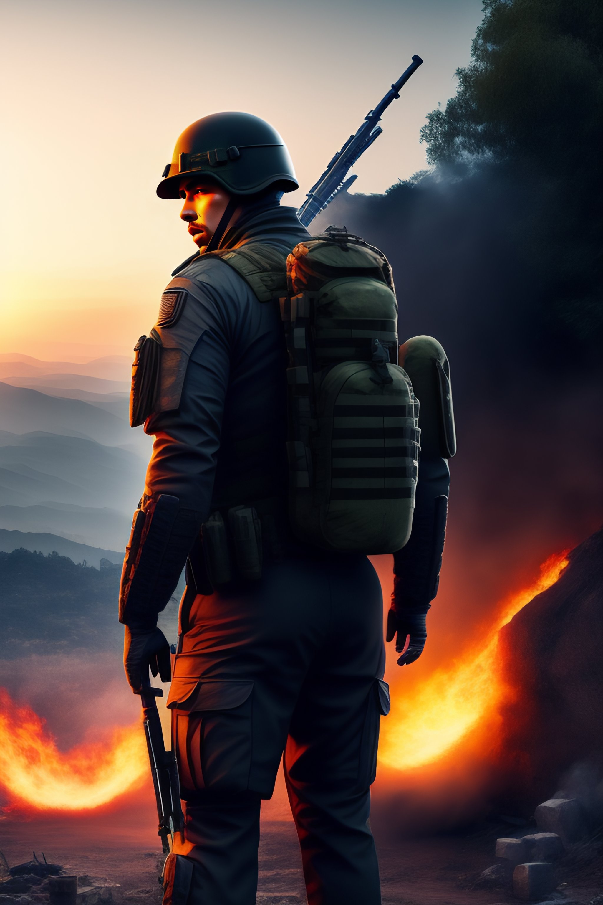 Lexica - Real swat, over ruins, smoke, sunrise, weapon, 100% realistic