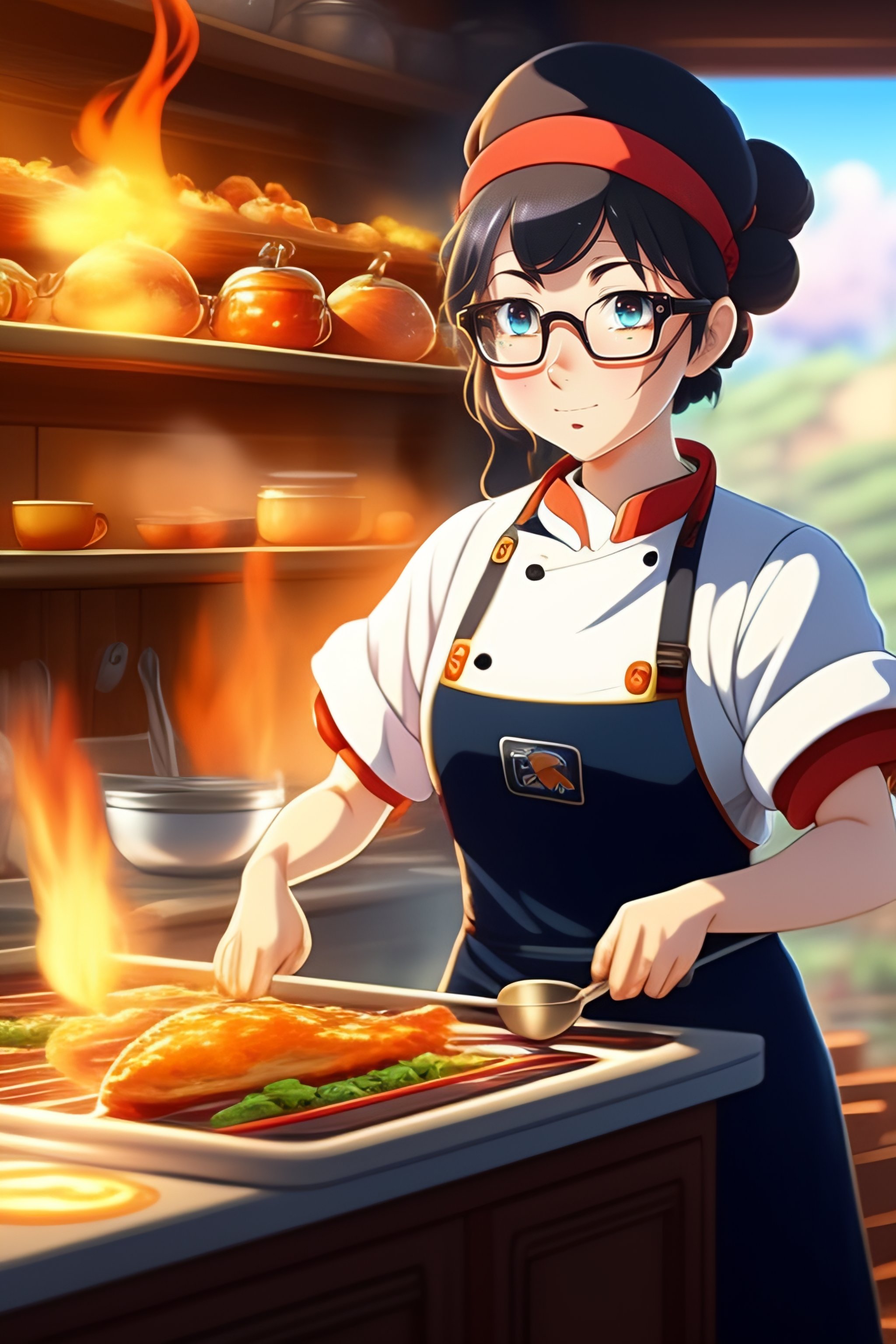 Lexica - Girl with big glasses cooking, ghibli, anime style