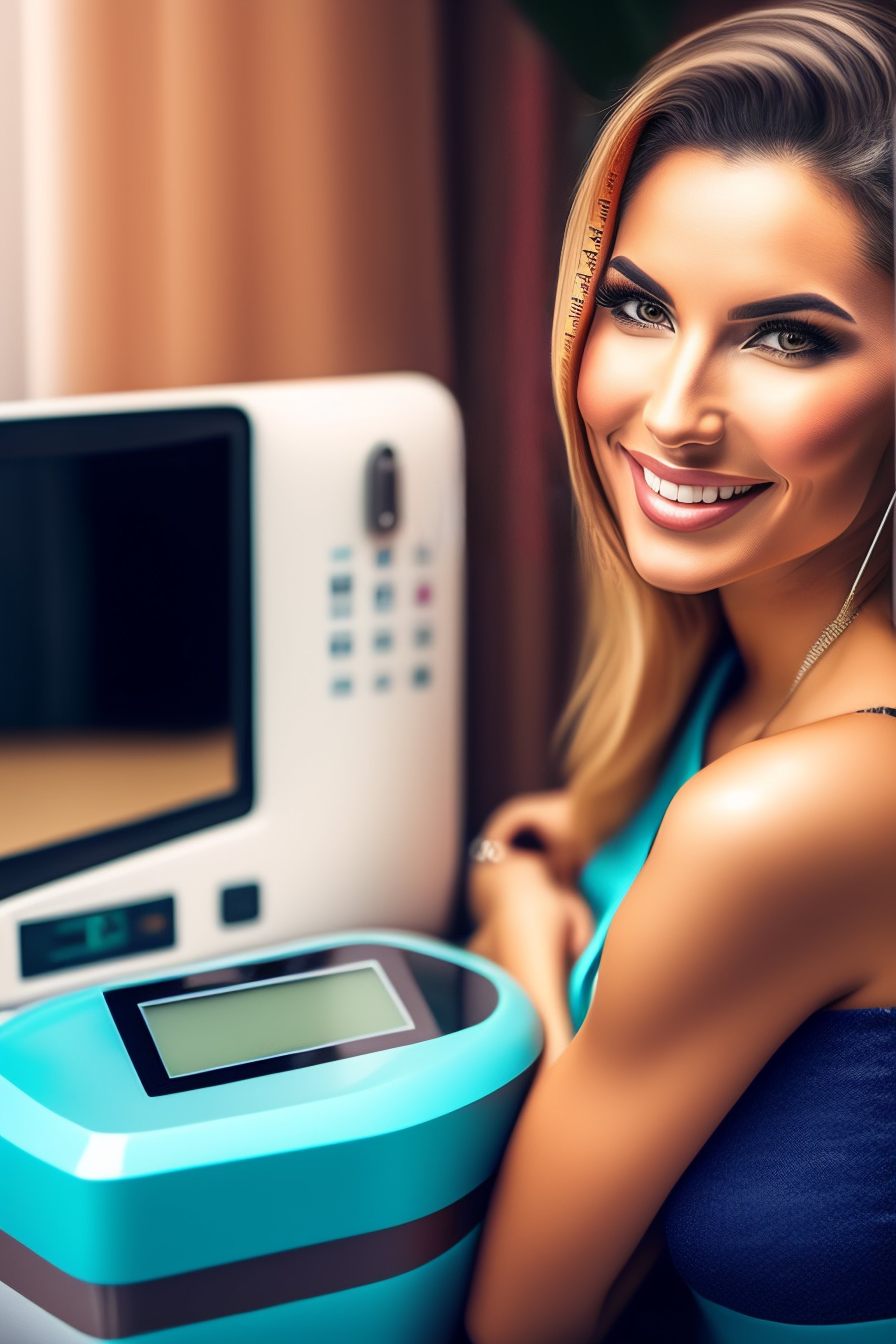 Lexica - Beautiful woman in a beauty salon using a device that help to ...