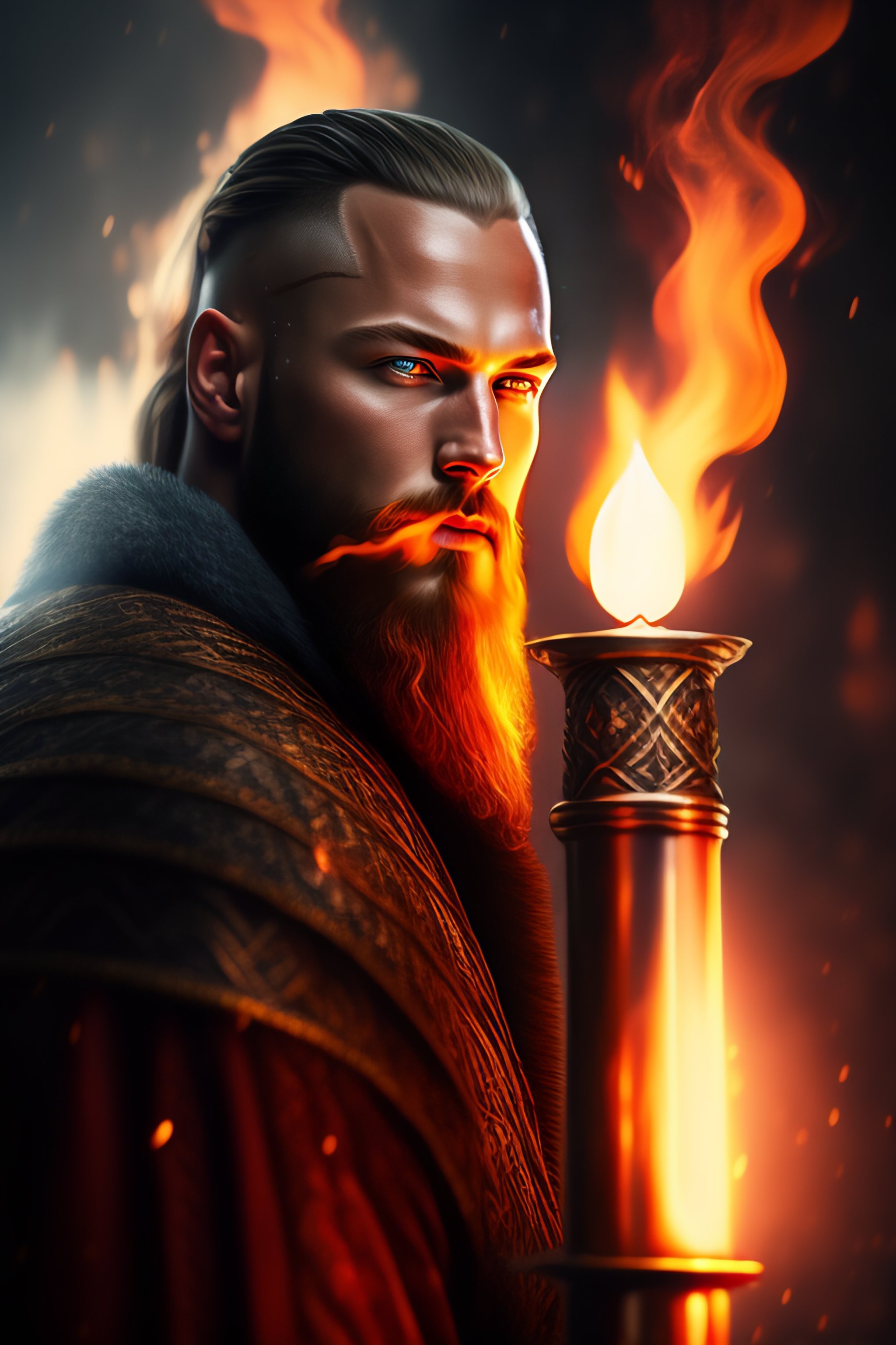 Lexica - Ragnar Lothbrok holding hammer in flames, realistic portrait ...