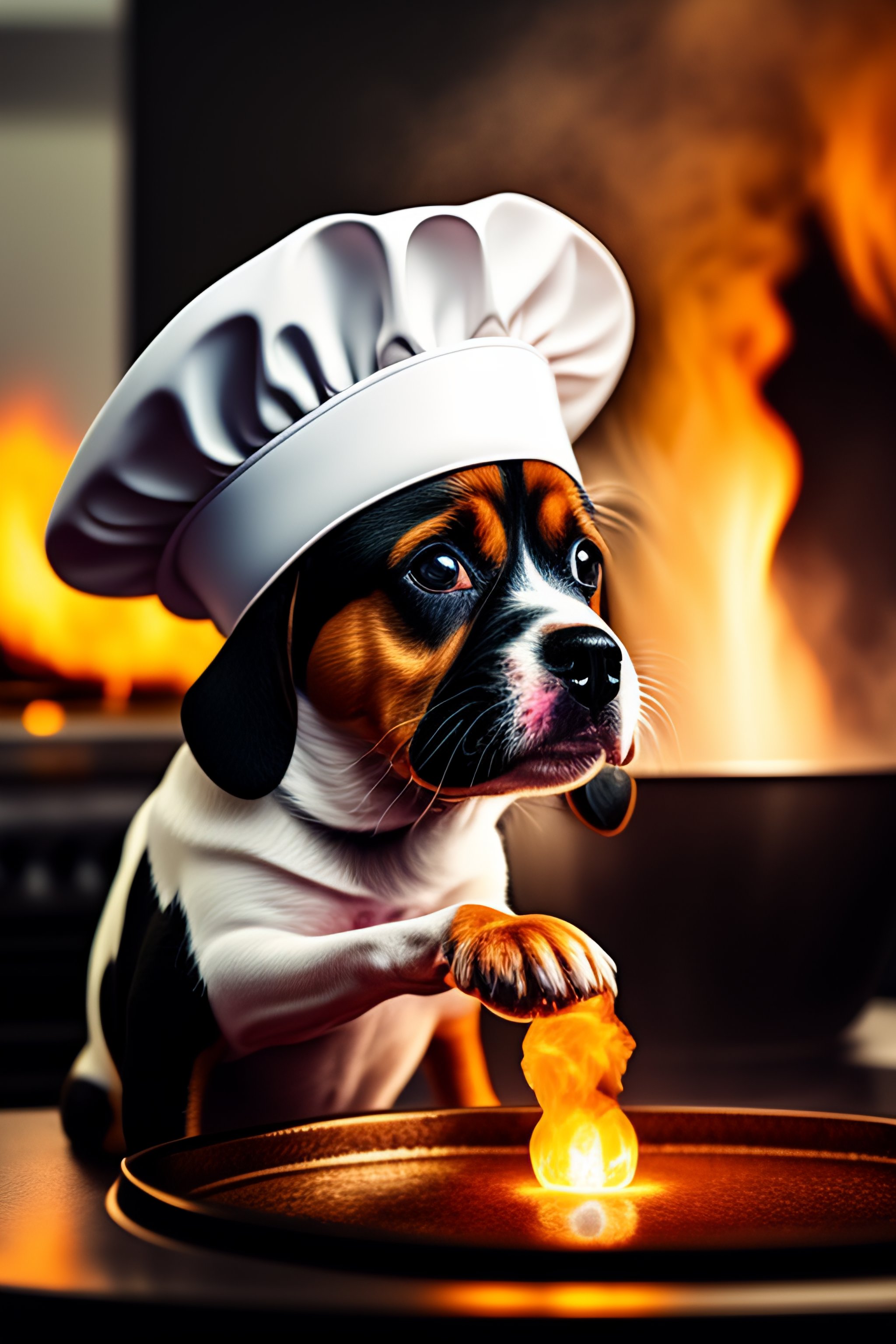 Lexica - Little dog cooking in the kitchen with chefs hat