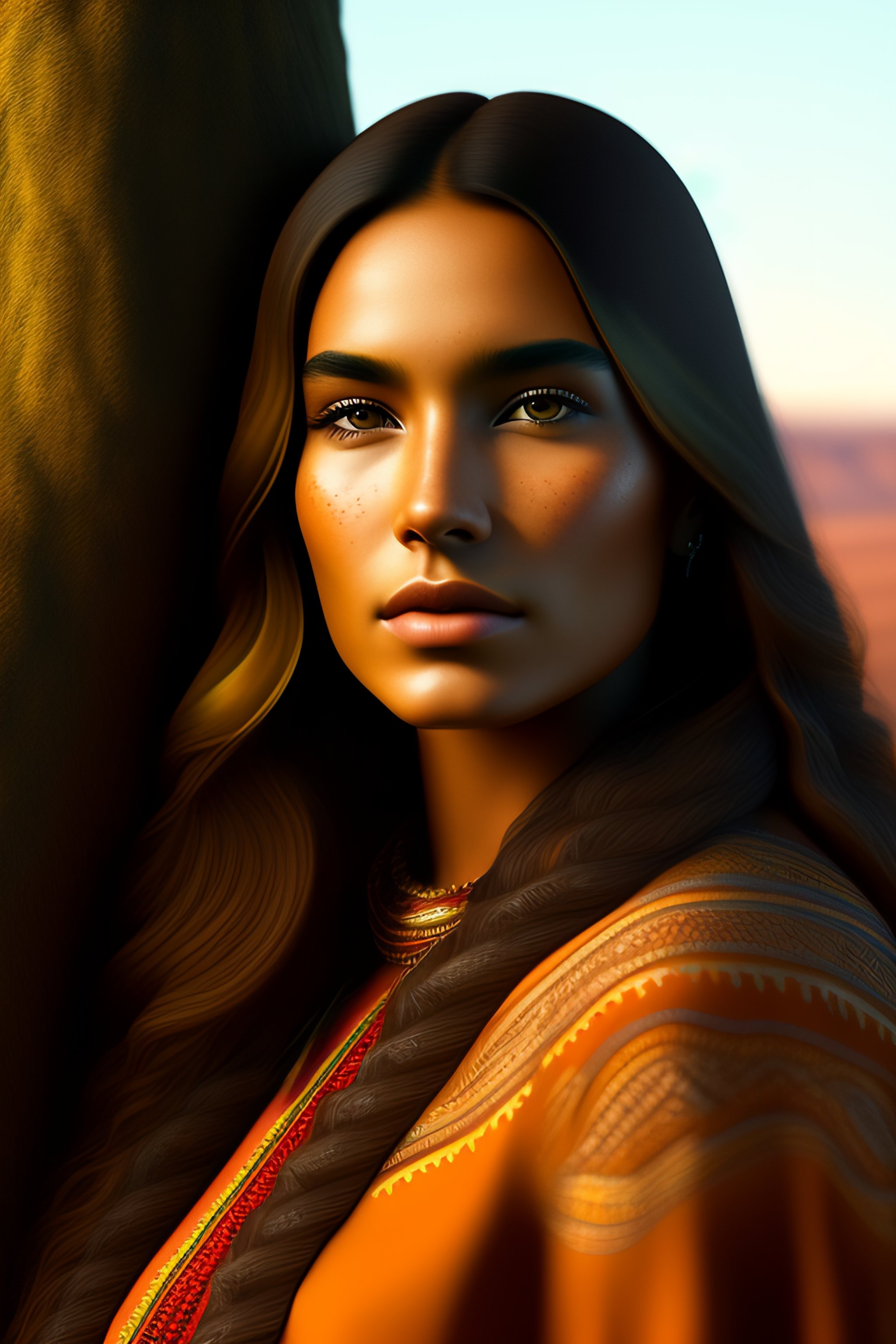 Lexica - Native american young woman portrait in 3d digital art with ...