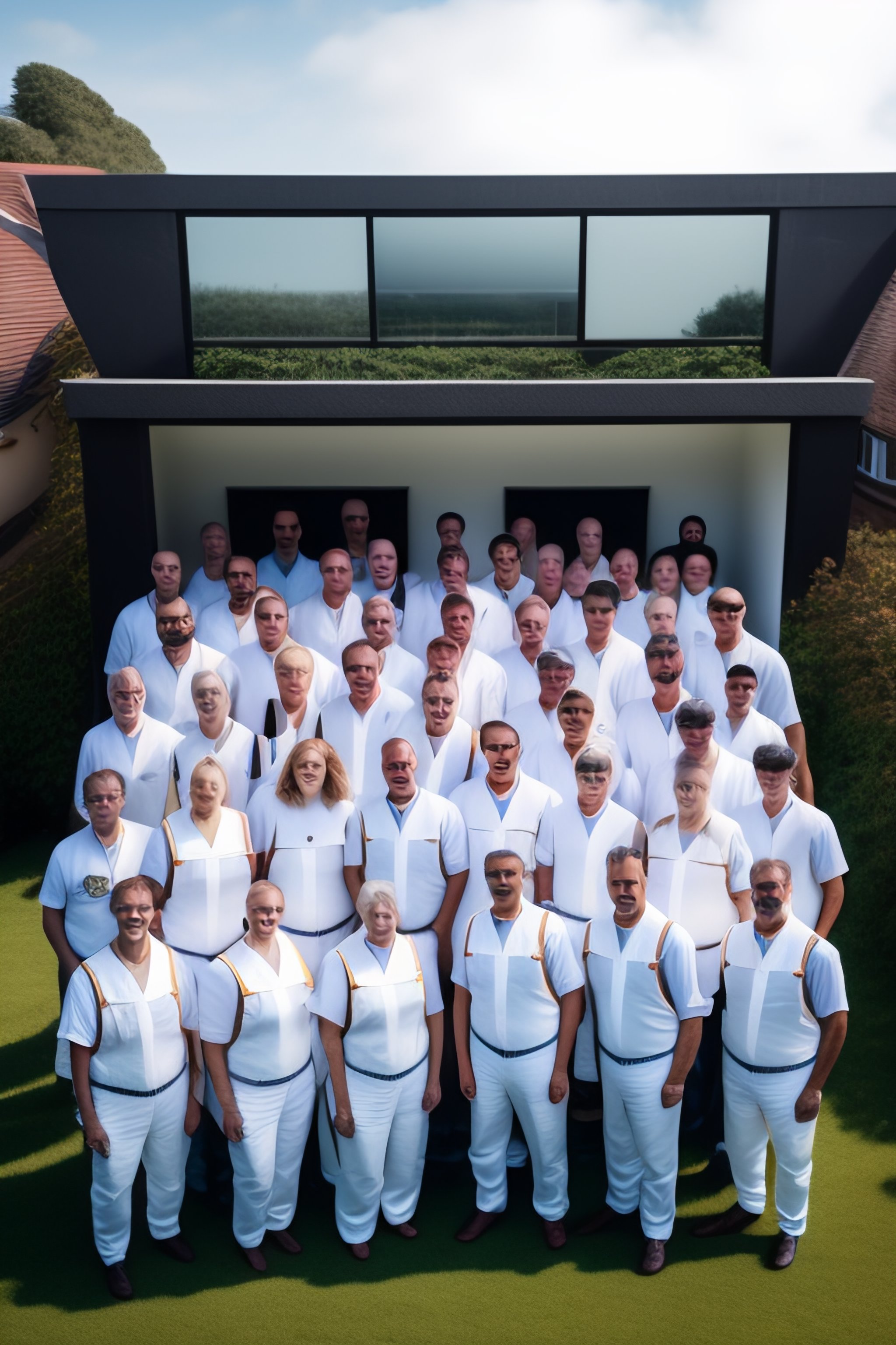 Lexica - An army of smiling painters wearing white dungarees, wide ...