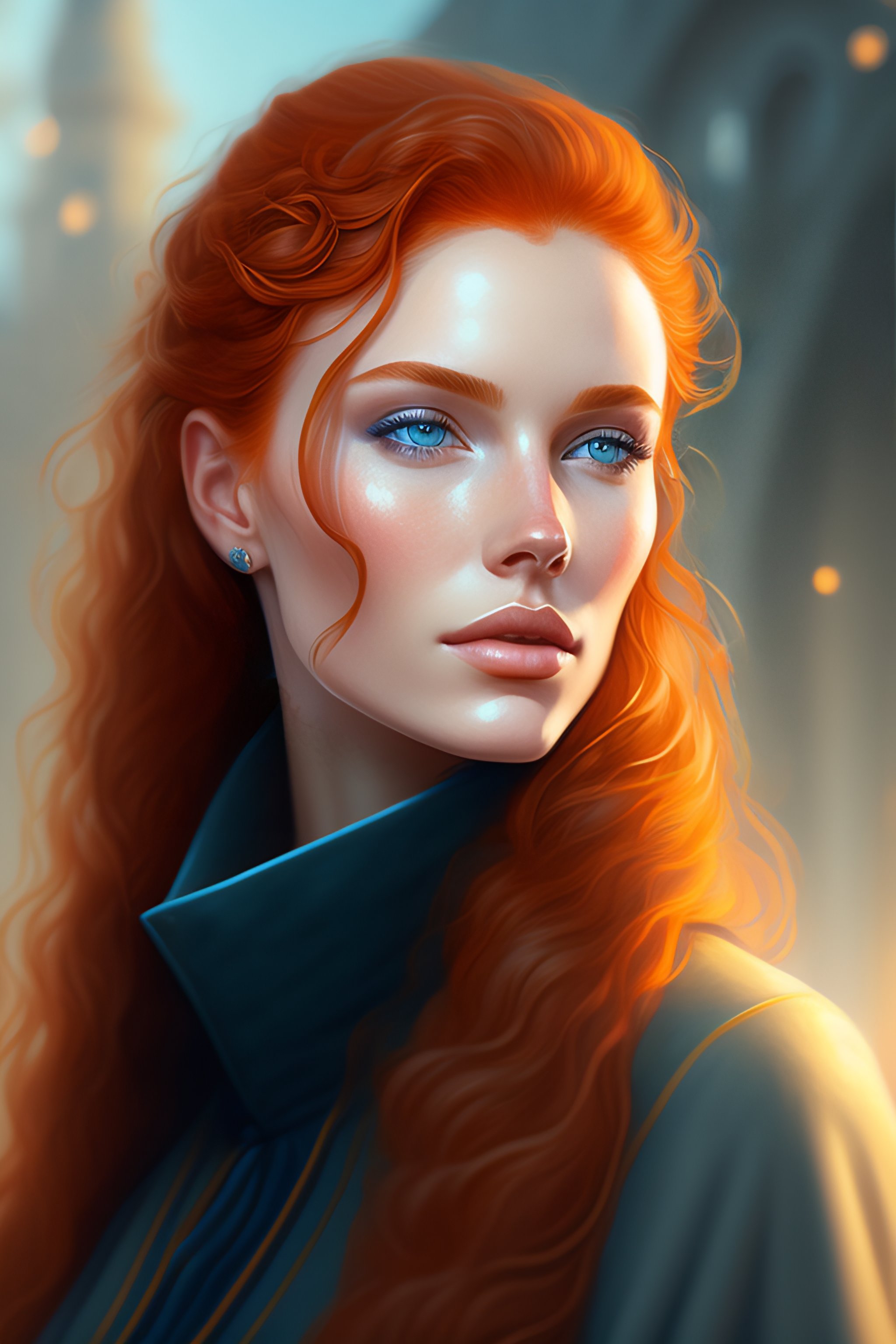 Lexica - A highly detailed illustration of ginger haired lady with blue ...