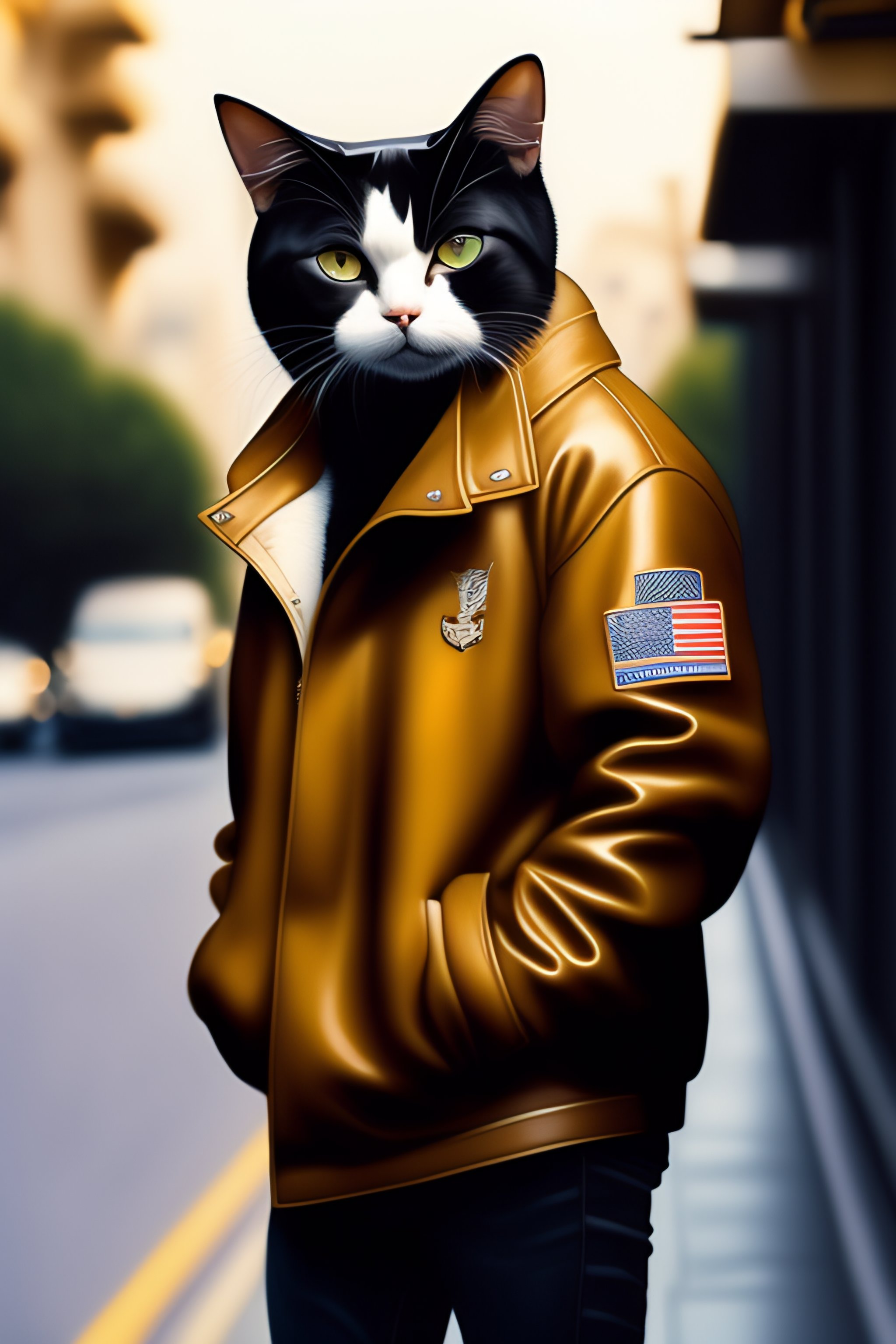 Lexica - Vintage 90's style. a cat wearing a black lather jacket in a ...