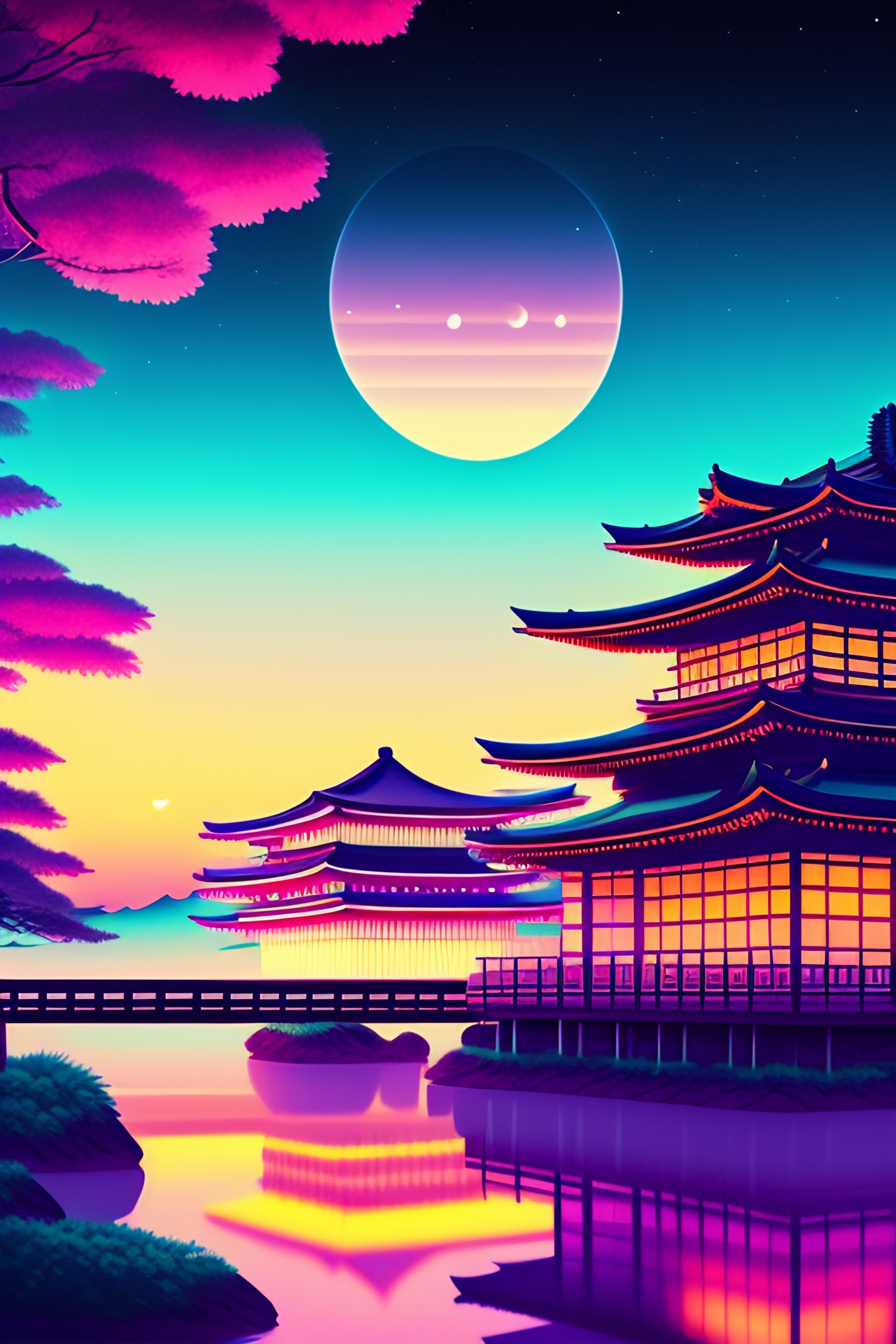 Lexica - Synthwave japanese town with moon background, sharp focus,