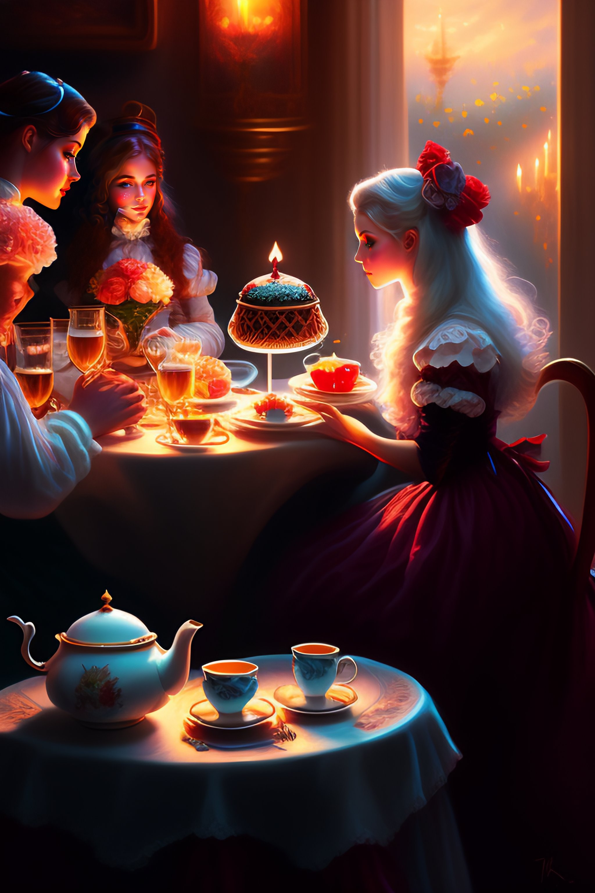 Lexica - Black Alice at a tea party by Thomas Kinkade, Alice in ...