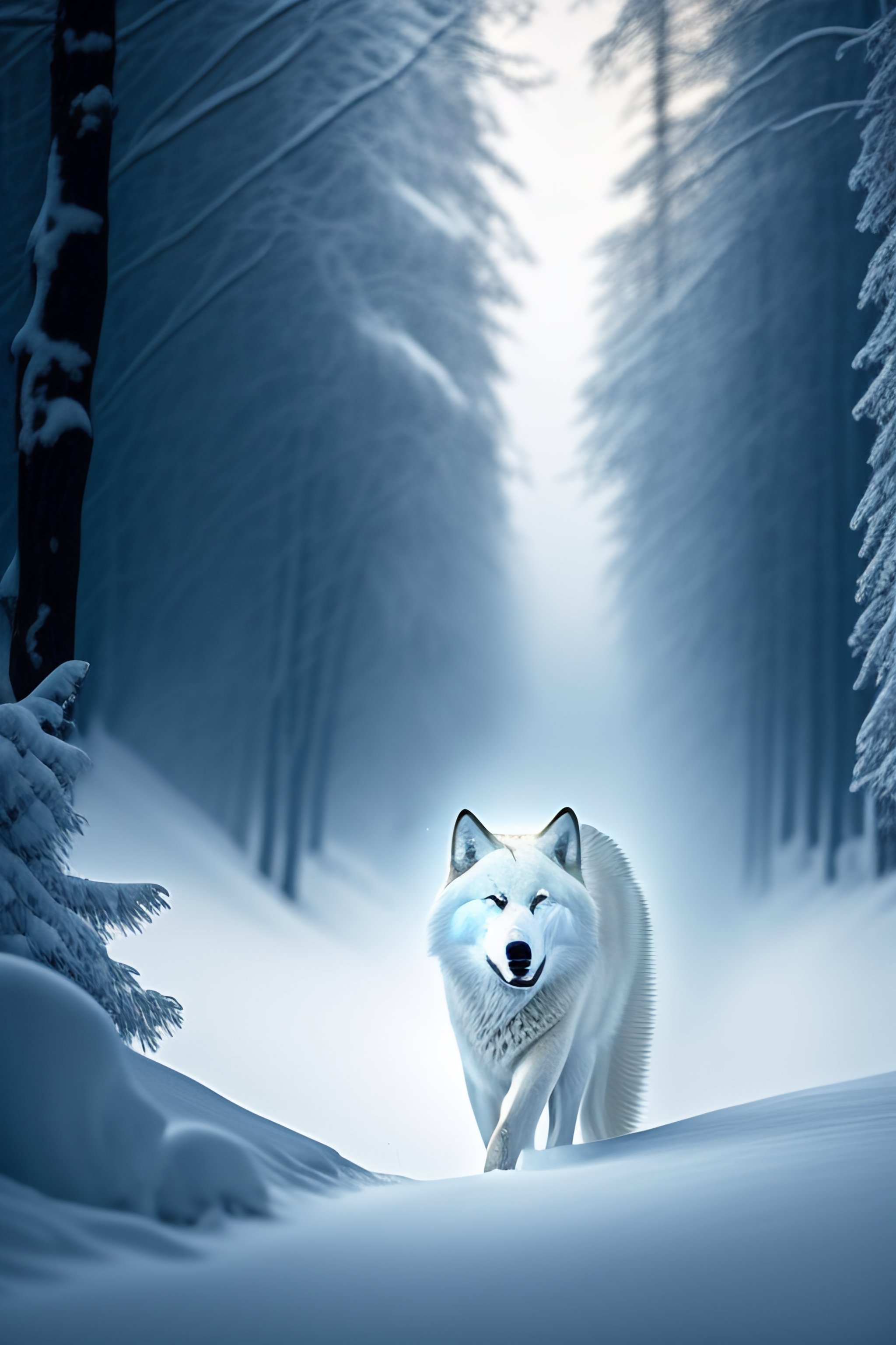 Lexica - White wolf walking slowly through blizzard at night