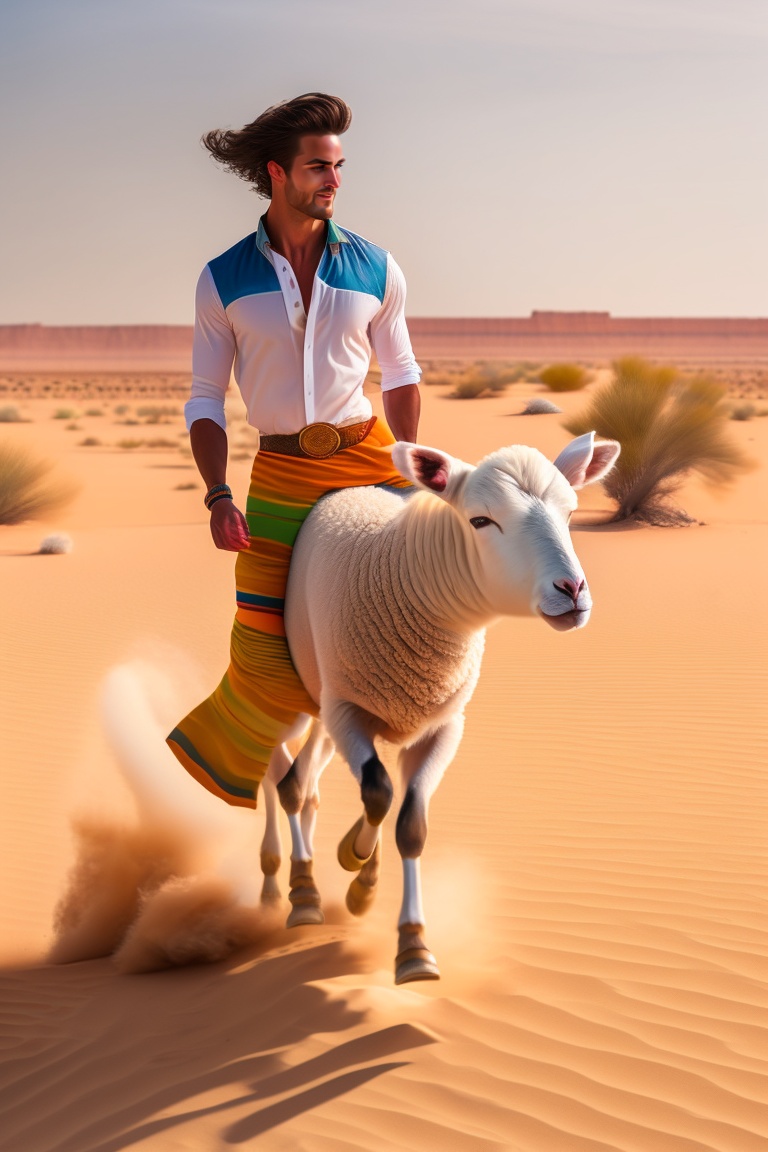 Lexica - "A runaway lamb in the desert with a man wearing a colorful ...