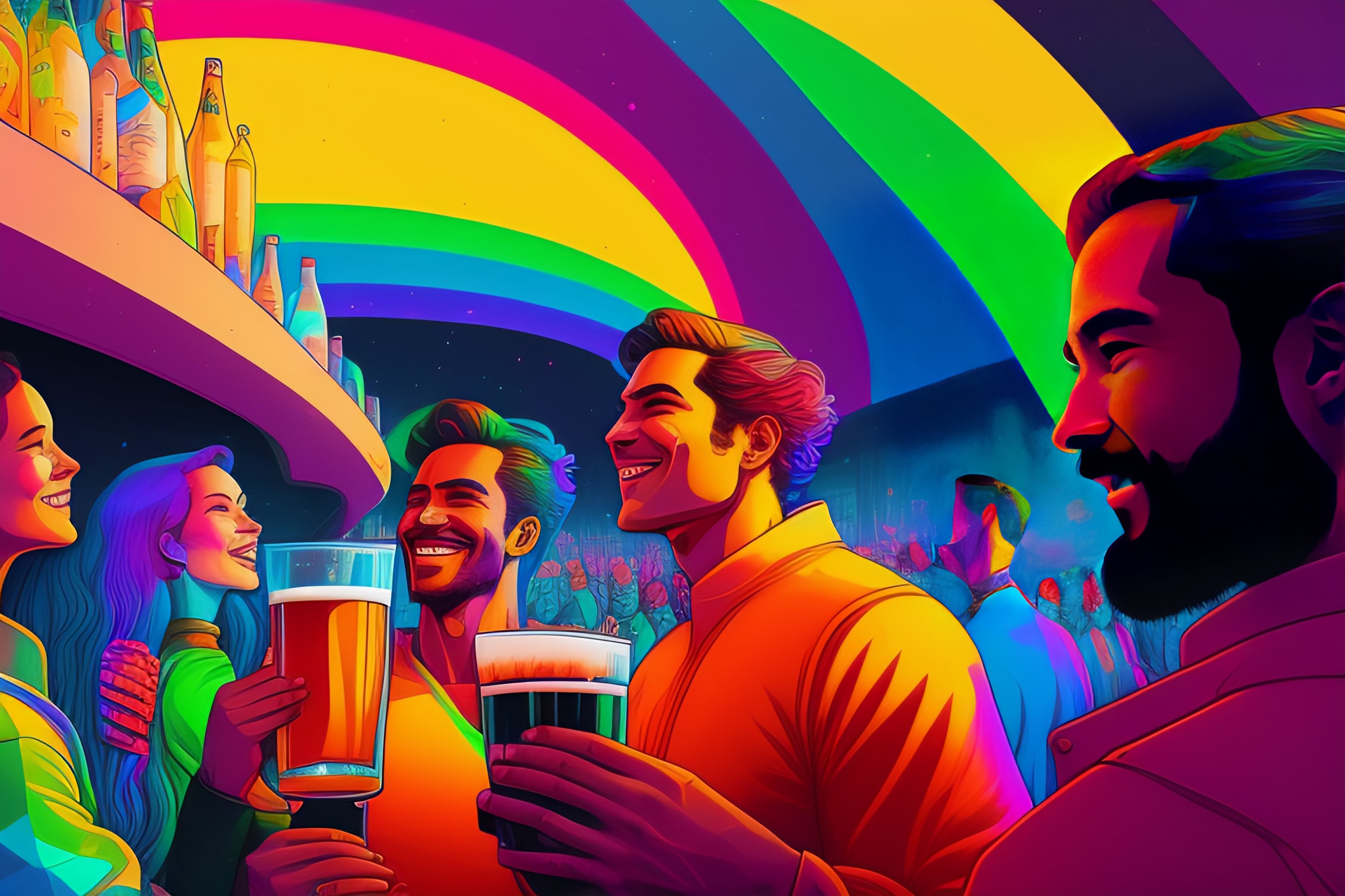 Lexica - Friends cheer with beer in a bar, rainbow colors, gay ...