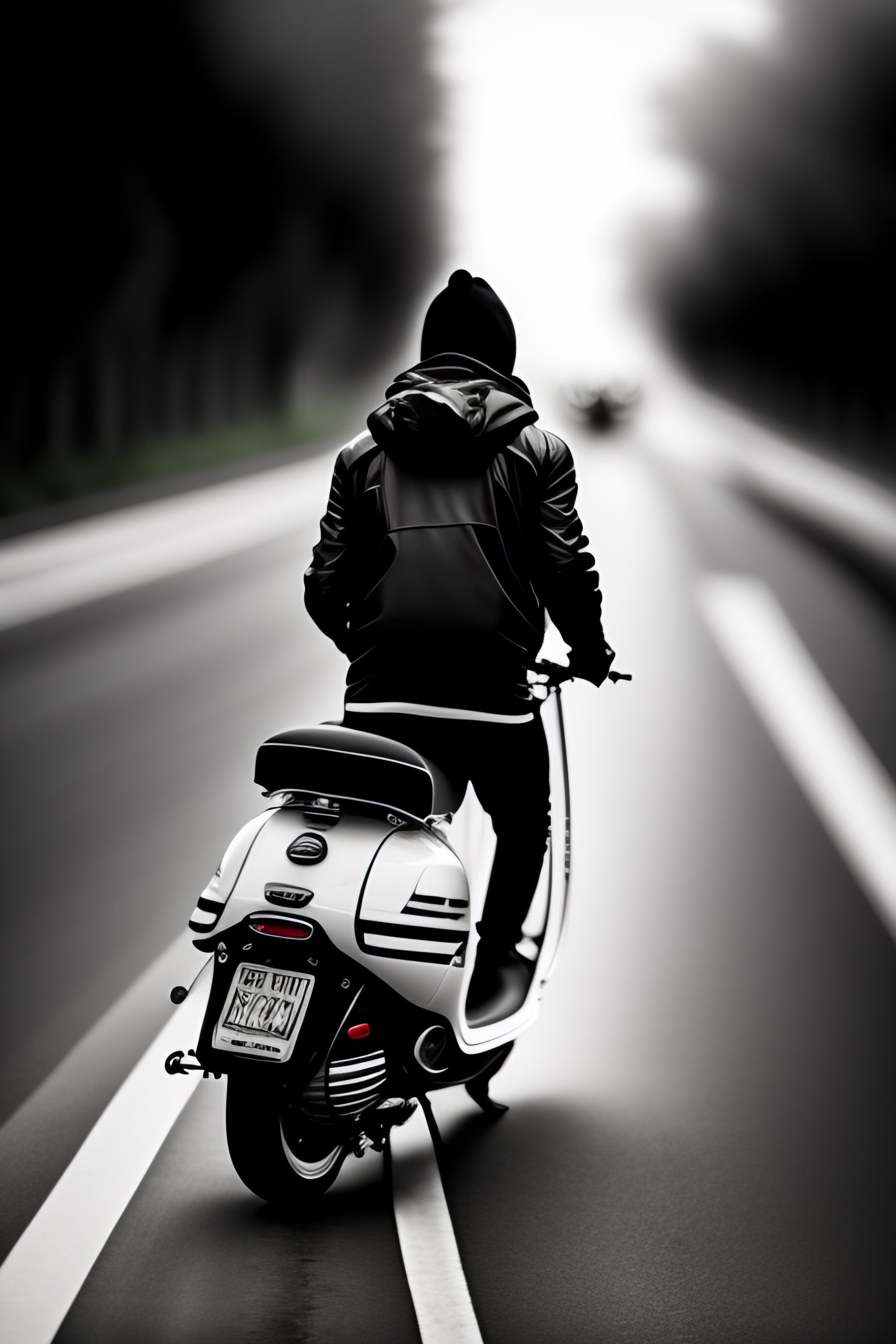 Lexica - Skitz of a human skeleton on a moving vespa px 80 in black white