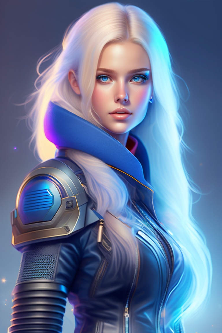 Lexica - Full-length girl in cyberpunk style blonde hair, blue eyes ...