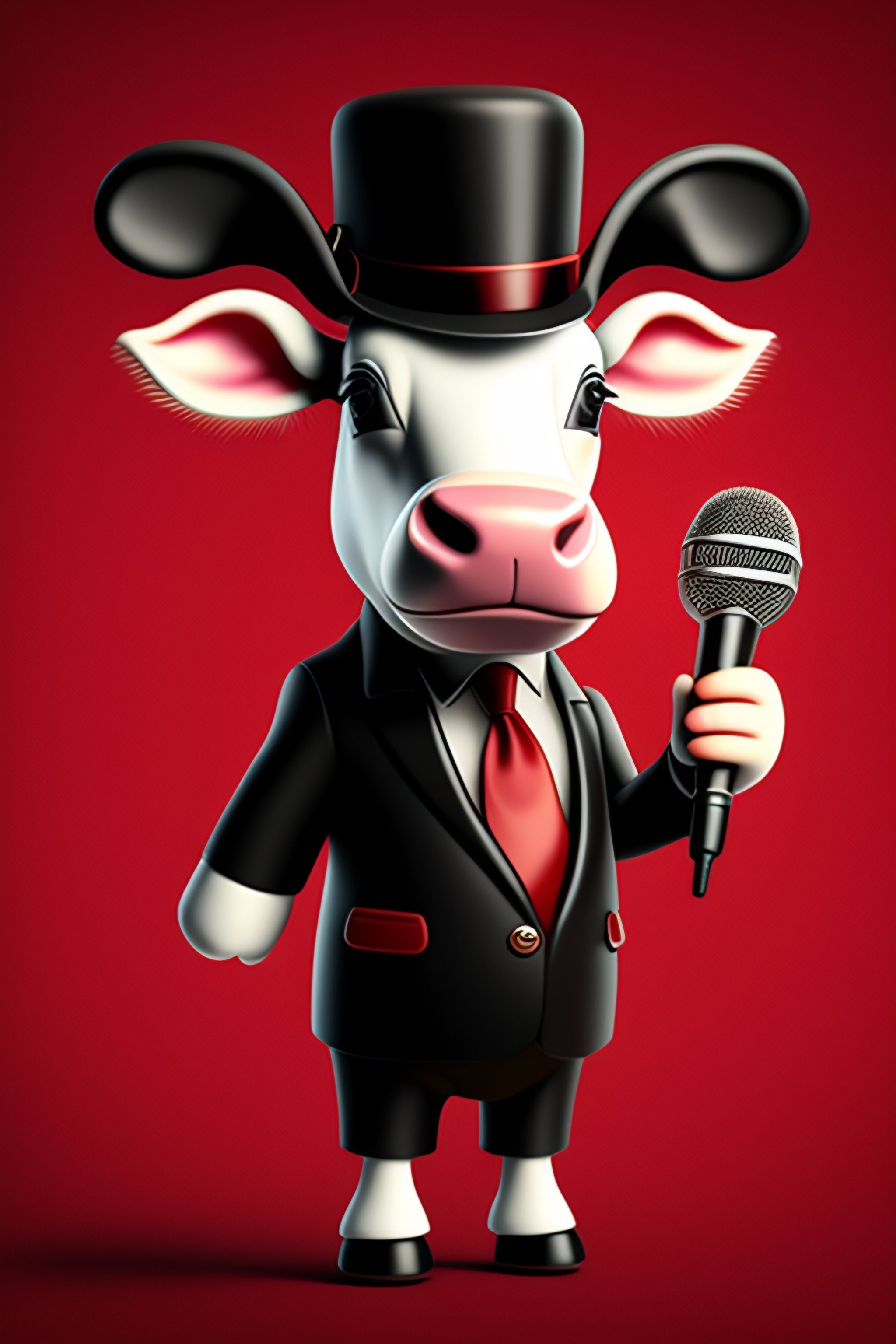 Lexica - Cartoon cow carrying microphone, with red tie, and detective hat