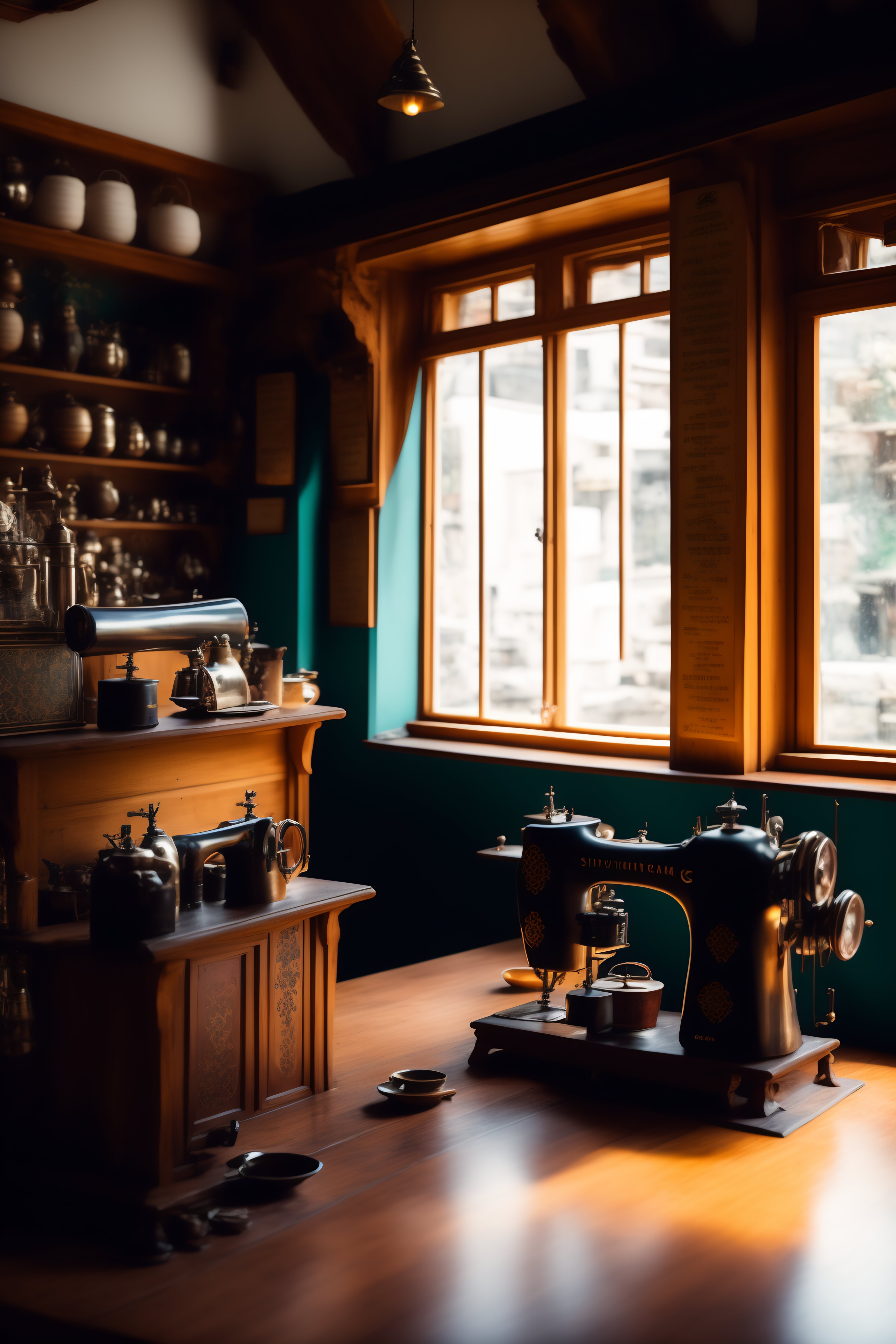 Lexica - Inside view of an old tea shop which also has old sewing machines