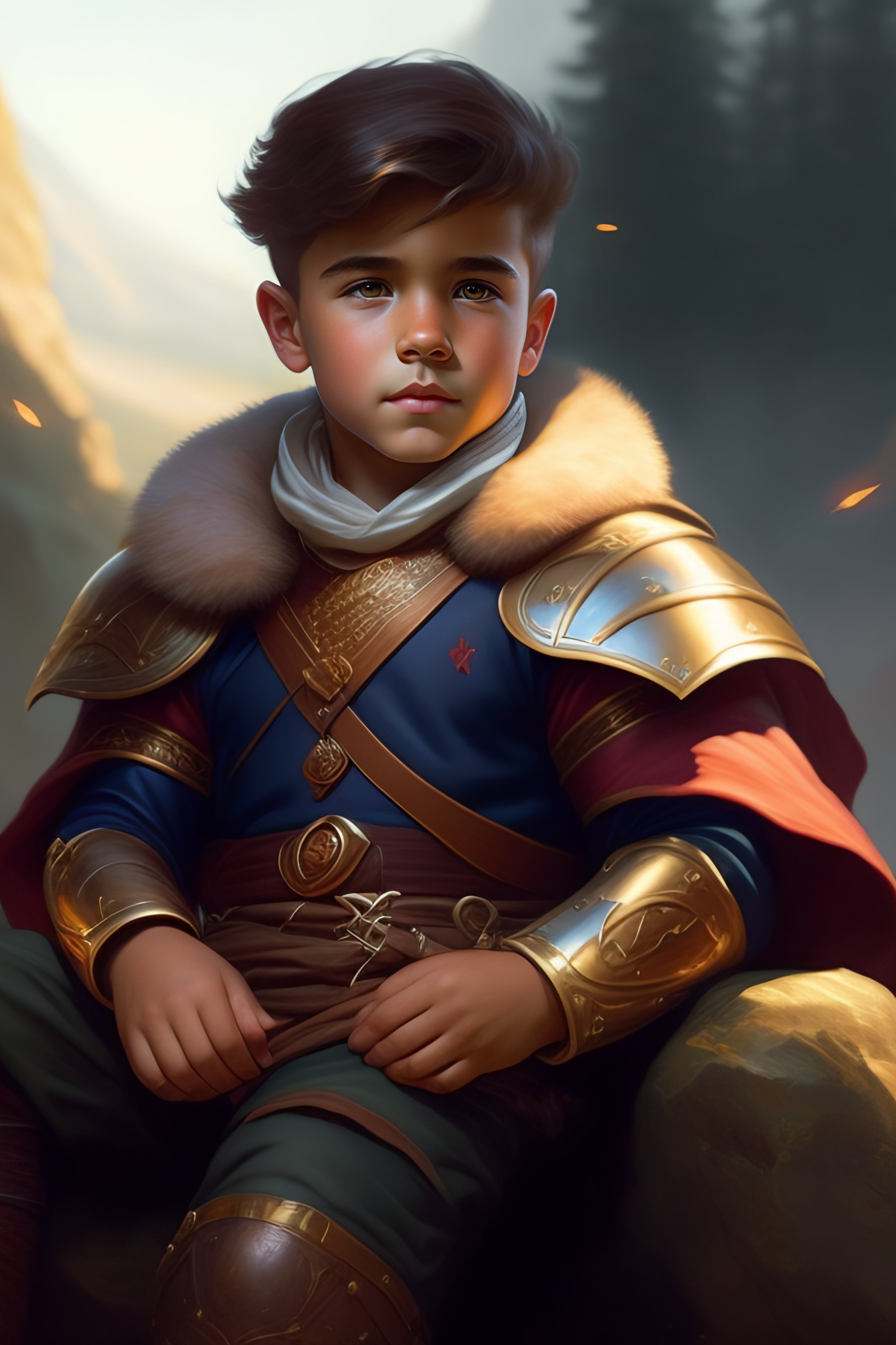 Lexica - Little boy on young rugged muscular, hairy chest ranger's lap, d&d, fantasy, intricate ...