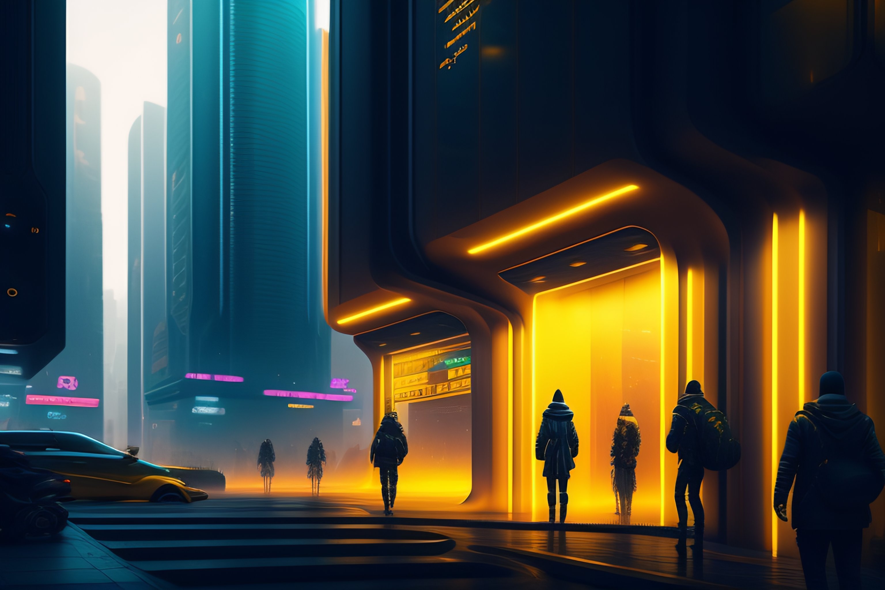 Lexica - Cyberpunk city with people in black and yellow sweater